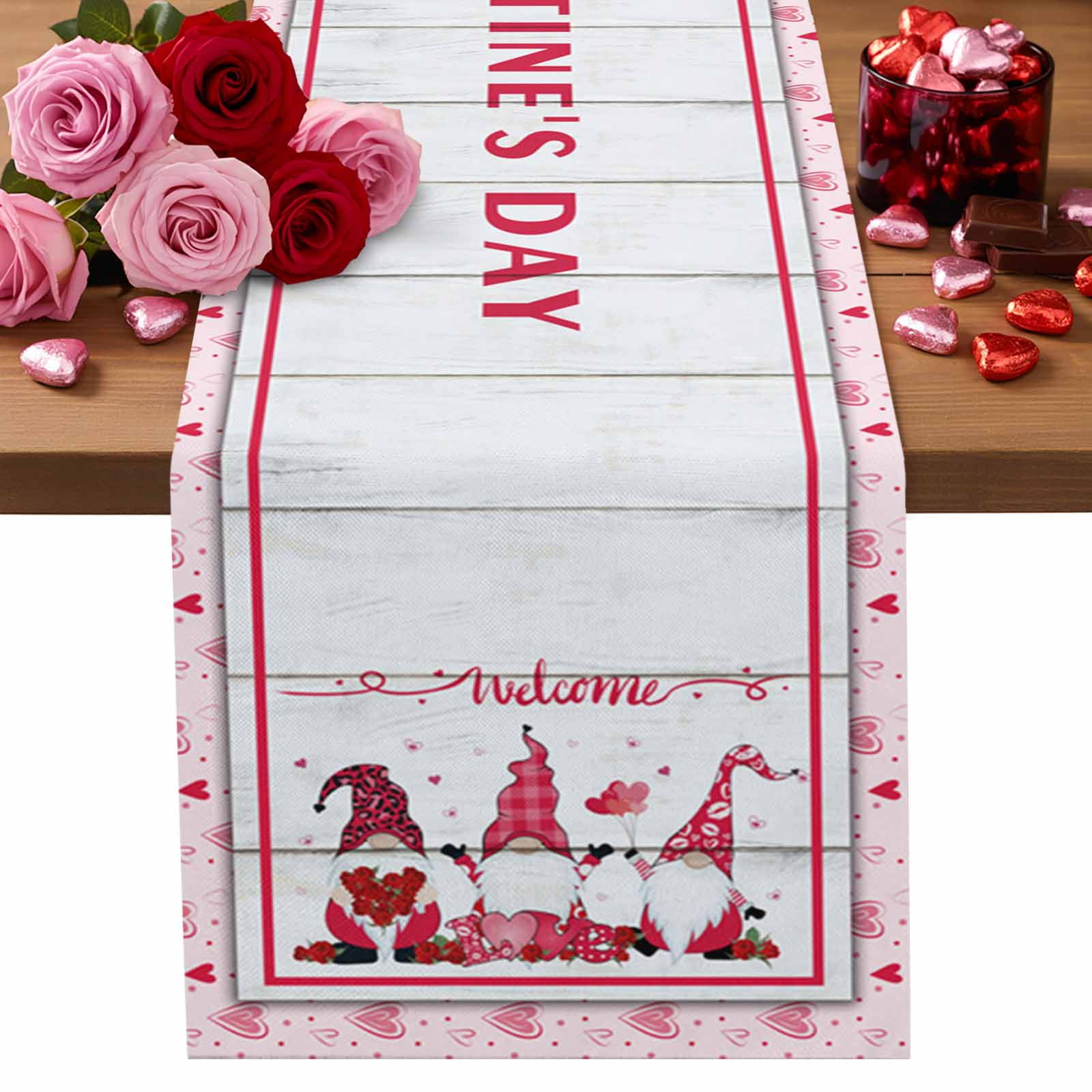 Happy Valentine's Cotton Linen Table Runner Day Gnomes Love Roses on ...