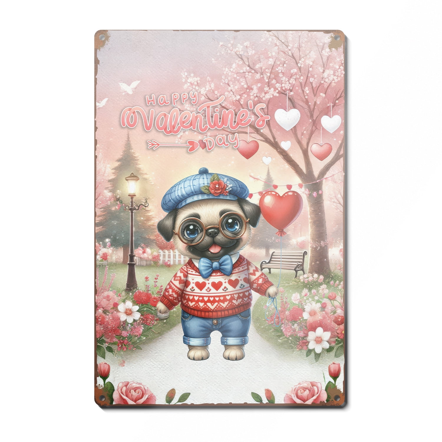 Happy Valentine’s Day Adorable Pug Puppy Holding Heart Balloon Vertical ...