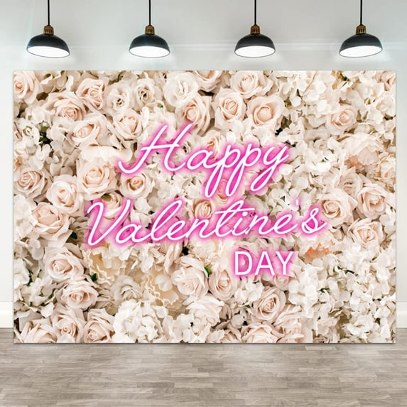 Happy Valentine's Day Backdrop Pink Rose White Hydrangea Floral ...