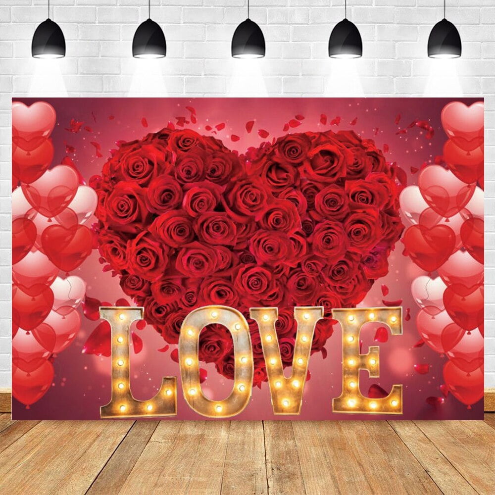 Happy Valentine's Day Backdrop Red Rose Love Heart Balloons Glitter ...