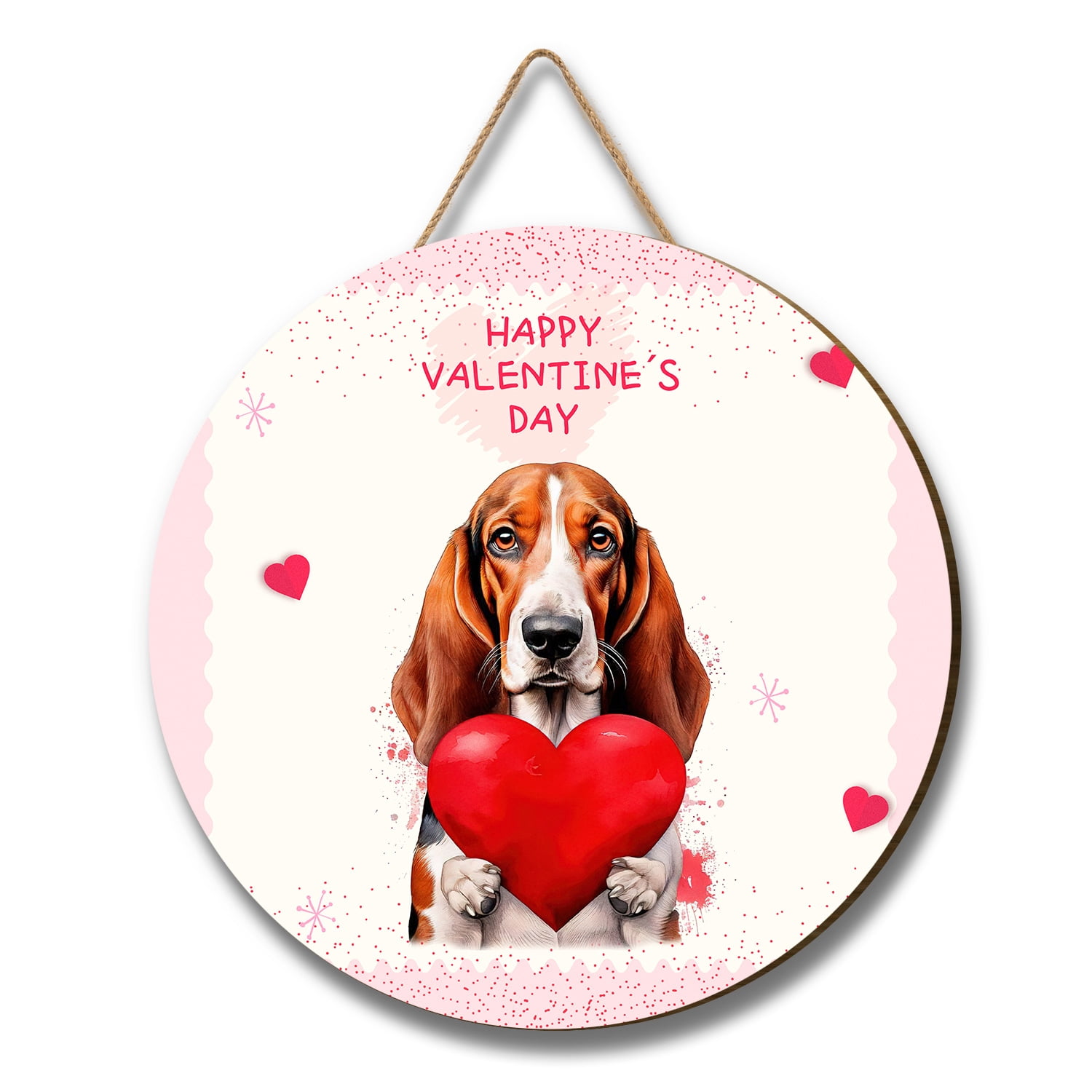 Happy Valentine's Day Basset Hound Brings Love Heart Round Wood Sign ...