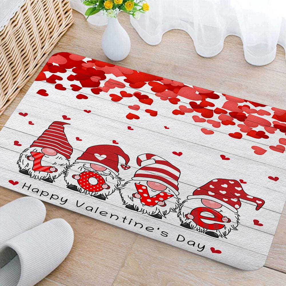 Happy Valentine's Day Bathroom Rugs, Cute Gnome with Falling Red Heart ...