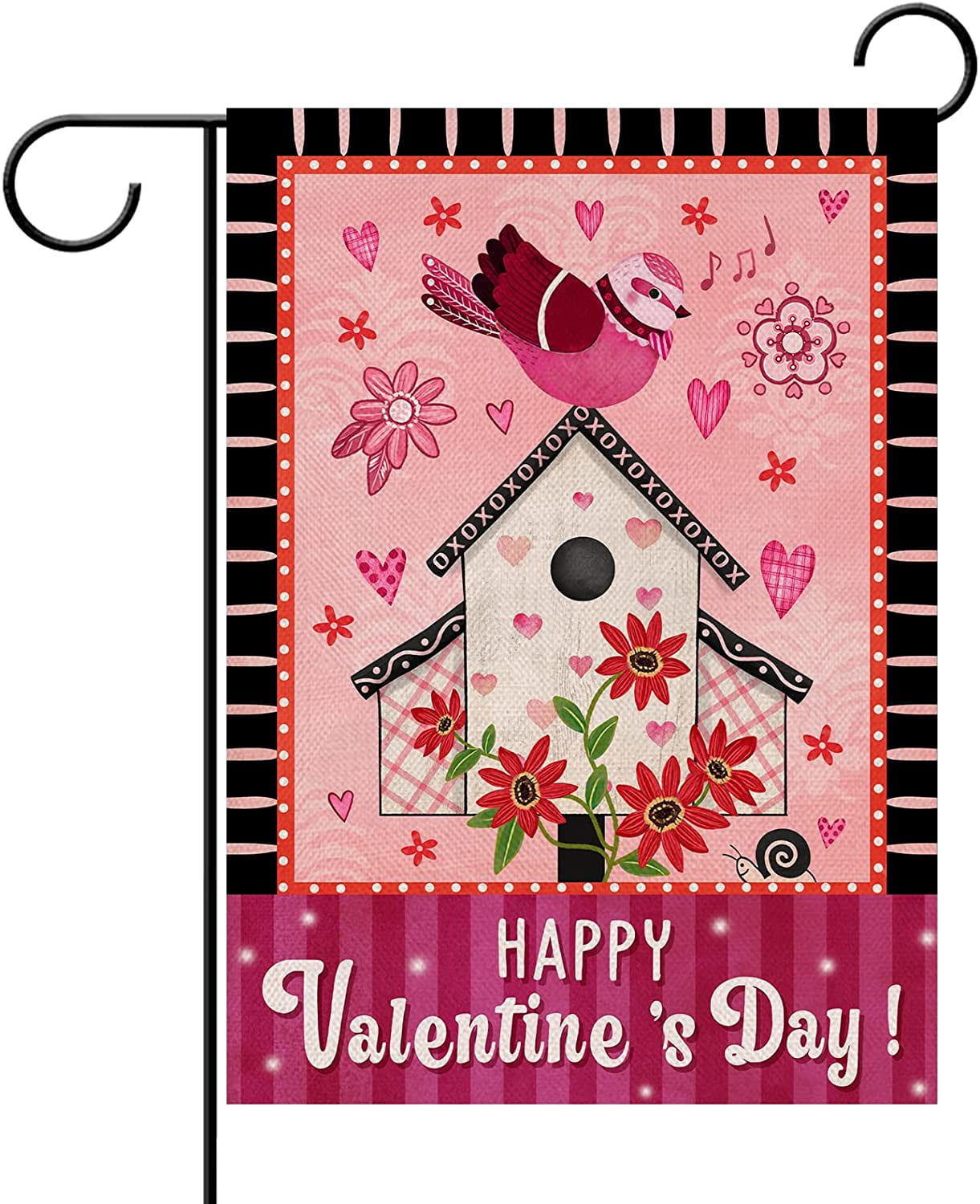 Happy Valentine''s Day Birdhouse Pink Love Hearts Red Flower Garden ...