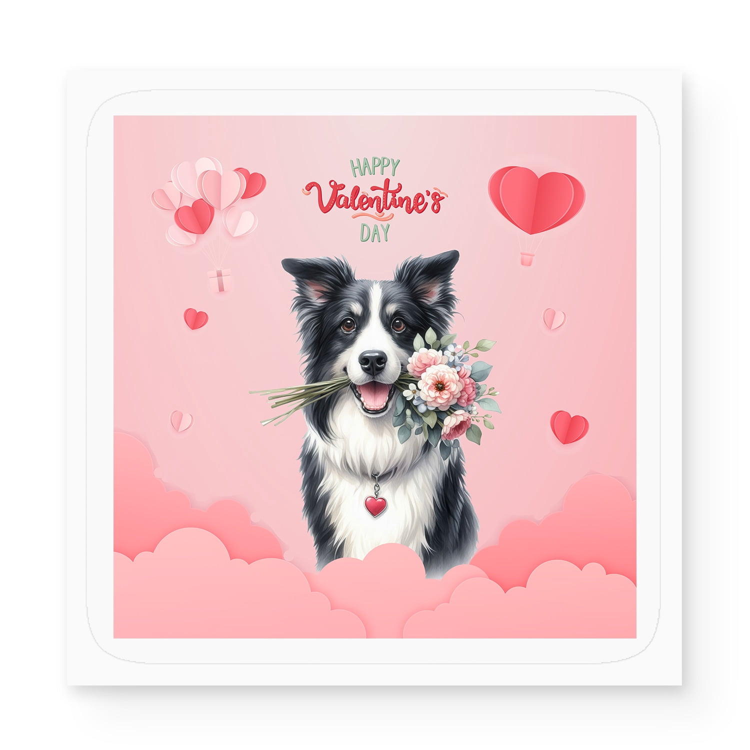 Happy Valentine's Day Border Collie holding flowers Vinyl Sticker ...