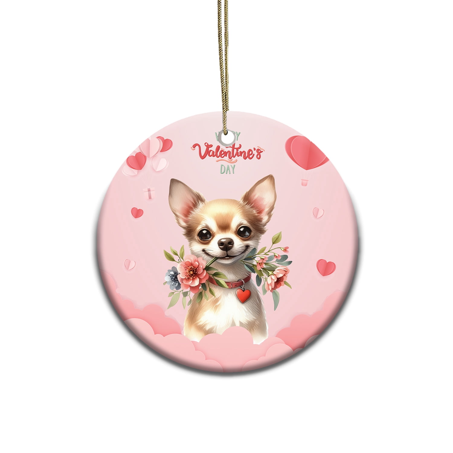 Happy Valentine's Day Chihuahua holding flowers Ceramic Round Ornament ...
