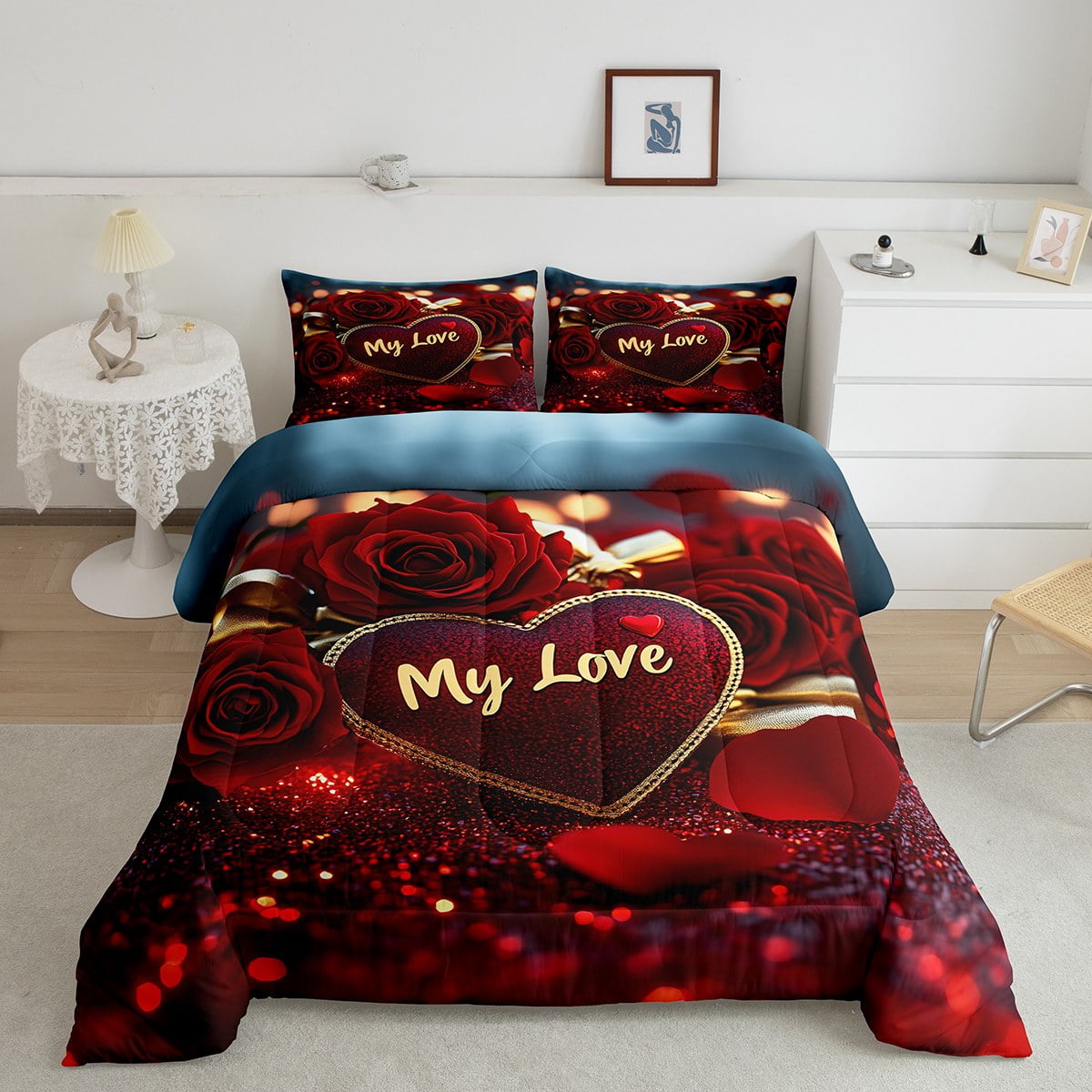 Happy Valentine's Day Comforter Set,3D Red Hearts Rose Print Bedding ...