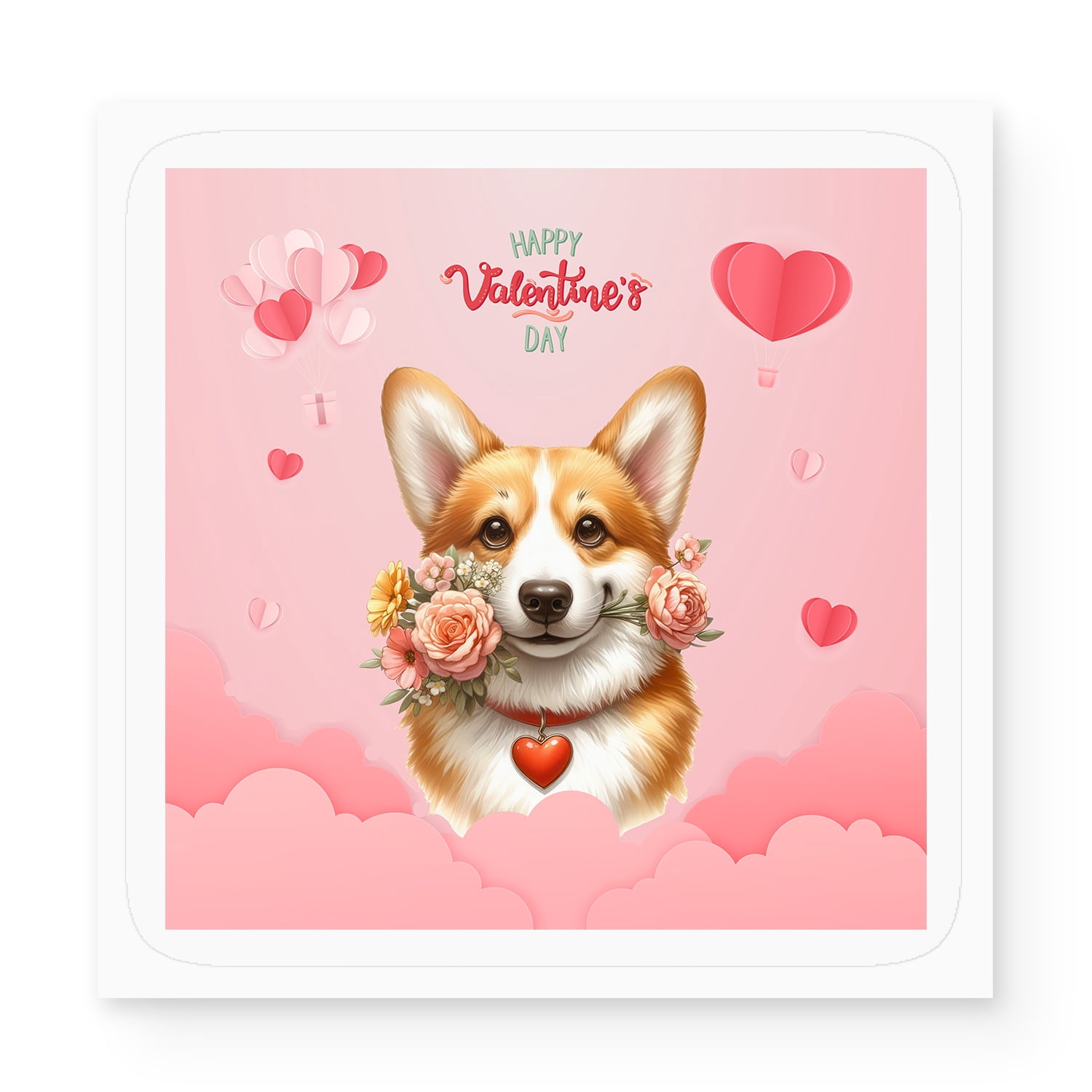 Happy Valentine's Day Corgi holding flowers Vinyl Sticker Welsh Corgi ...