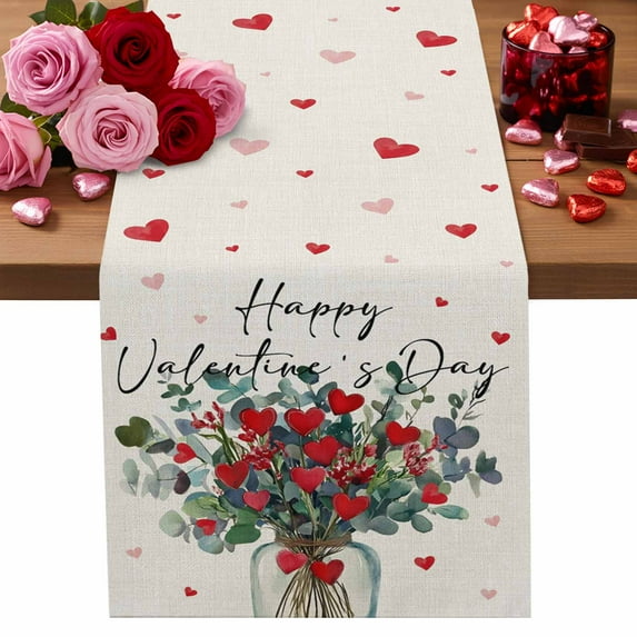 Happy Valentine's Day Cotton Linen Table Runner Love Floral Vase ...