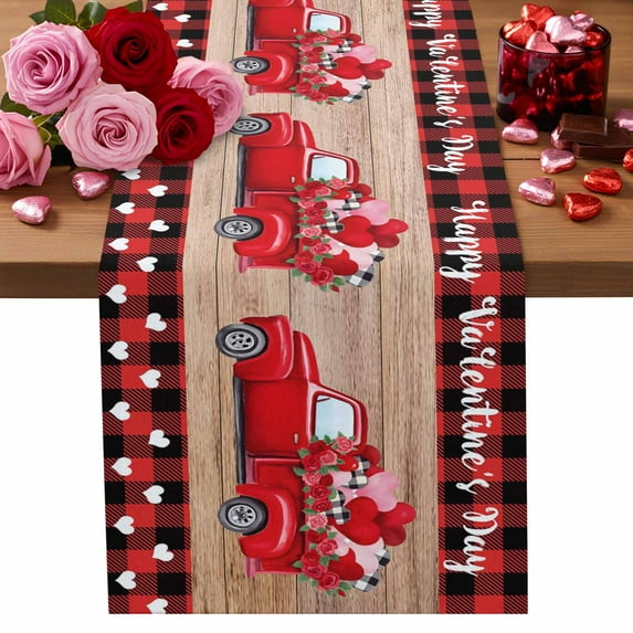 Happy Valentine's Day Cotton Linen Table Runner Love Truck with Rose ...