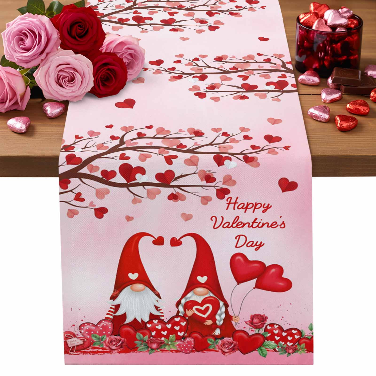 Happy Valentine's Day Cotton Linen Table Runner Red Heart Gnomes Love ...