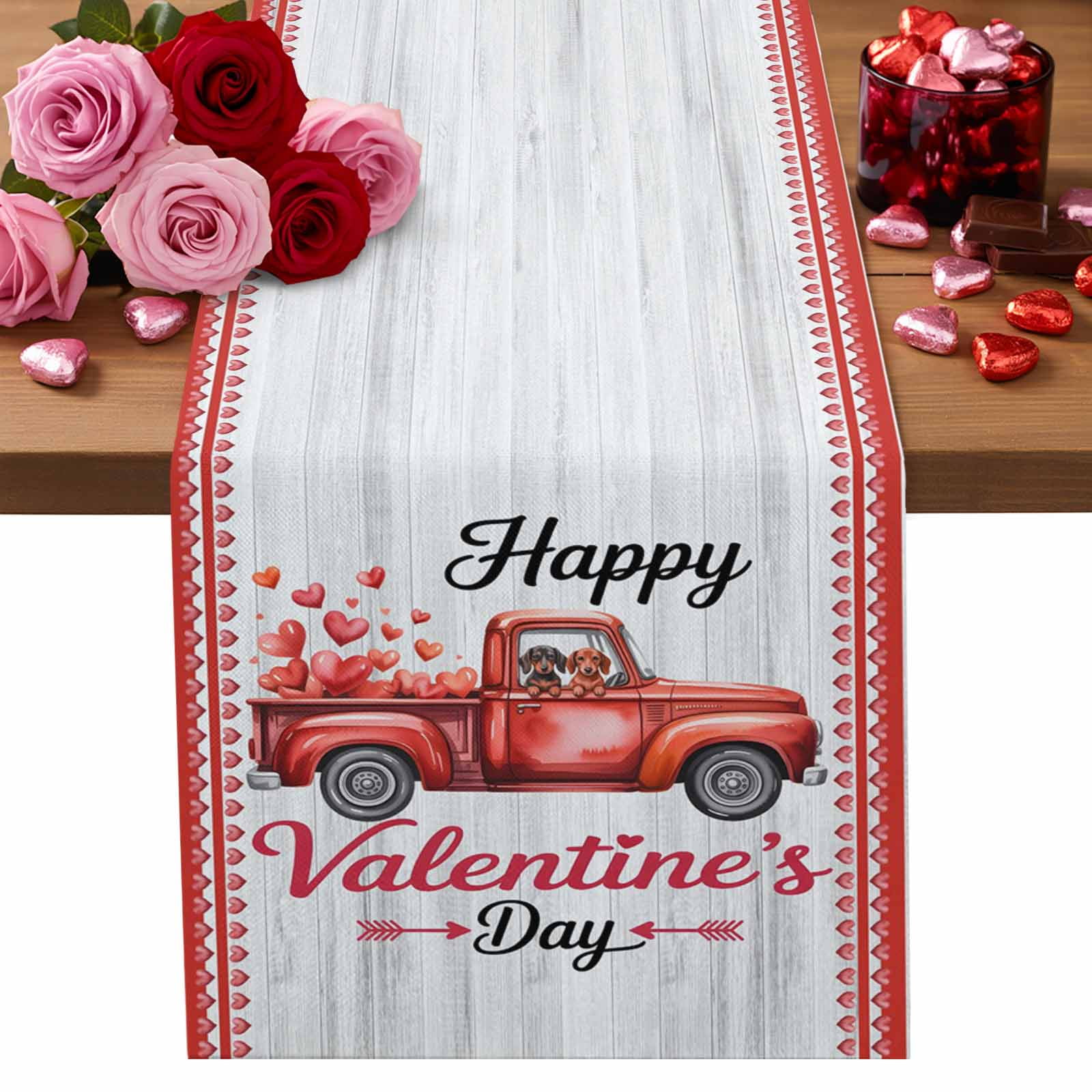 Happy Valentine's Day Cotton Linen Table Runner Red Love Puppy Truck ...