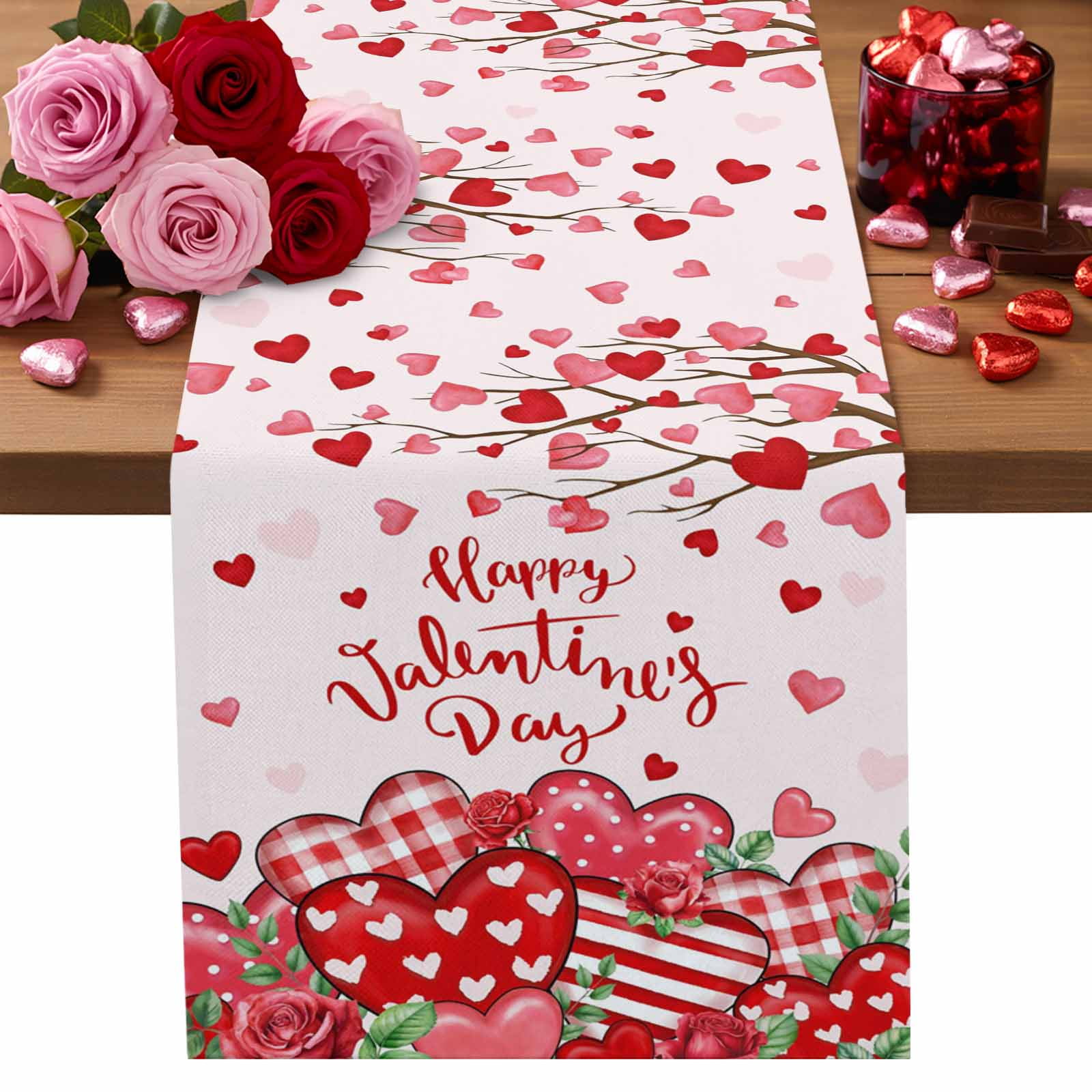 Happy Valentine's Day Cotton Linen Table Runner Red Love Stripe Plaid ...