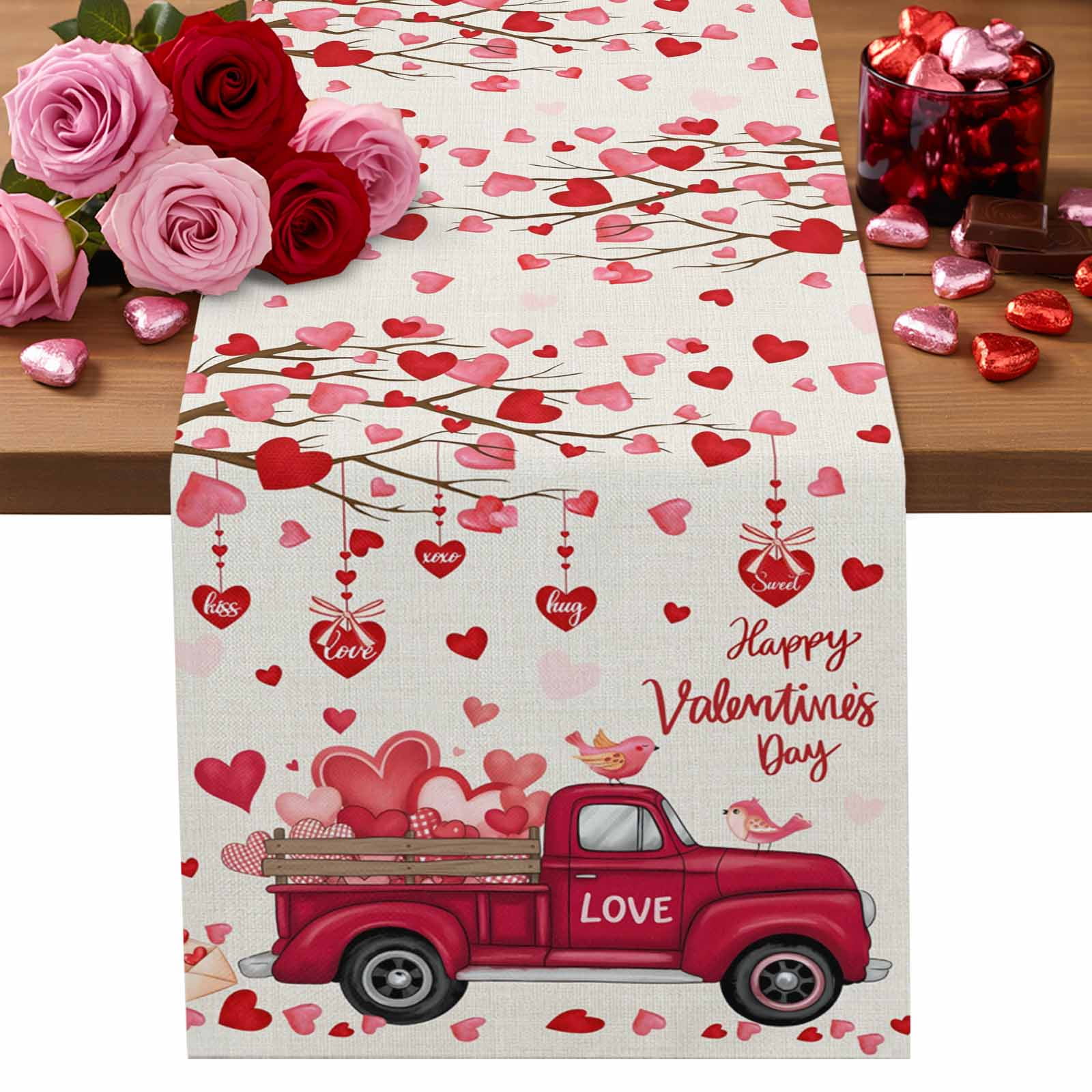 Happy Valentine's Day Cotton Linen Table Runner Red Love Truck Heart ...
