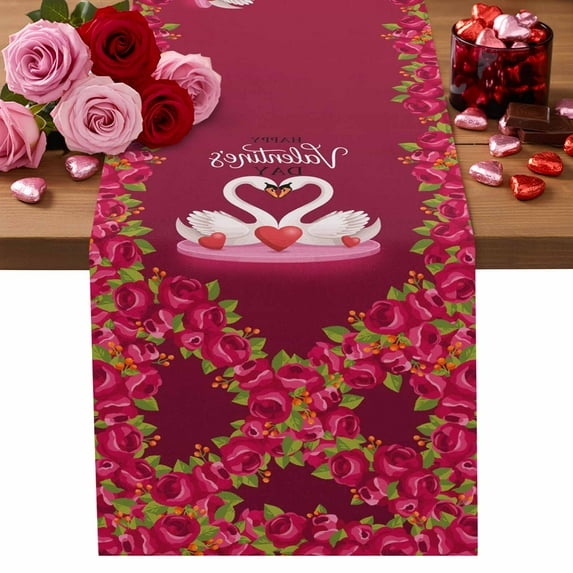 Happy Valentine's Day Cotton Linen Table Runner Romantic Swan Couple ...