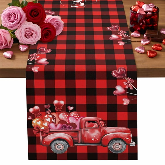 Happy Valentine's Day Cotton Linen Table Runner Watercolor Red Truck ...