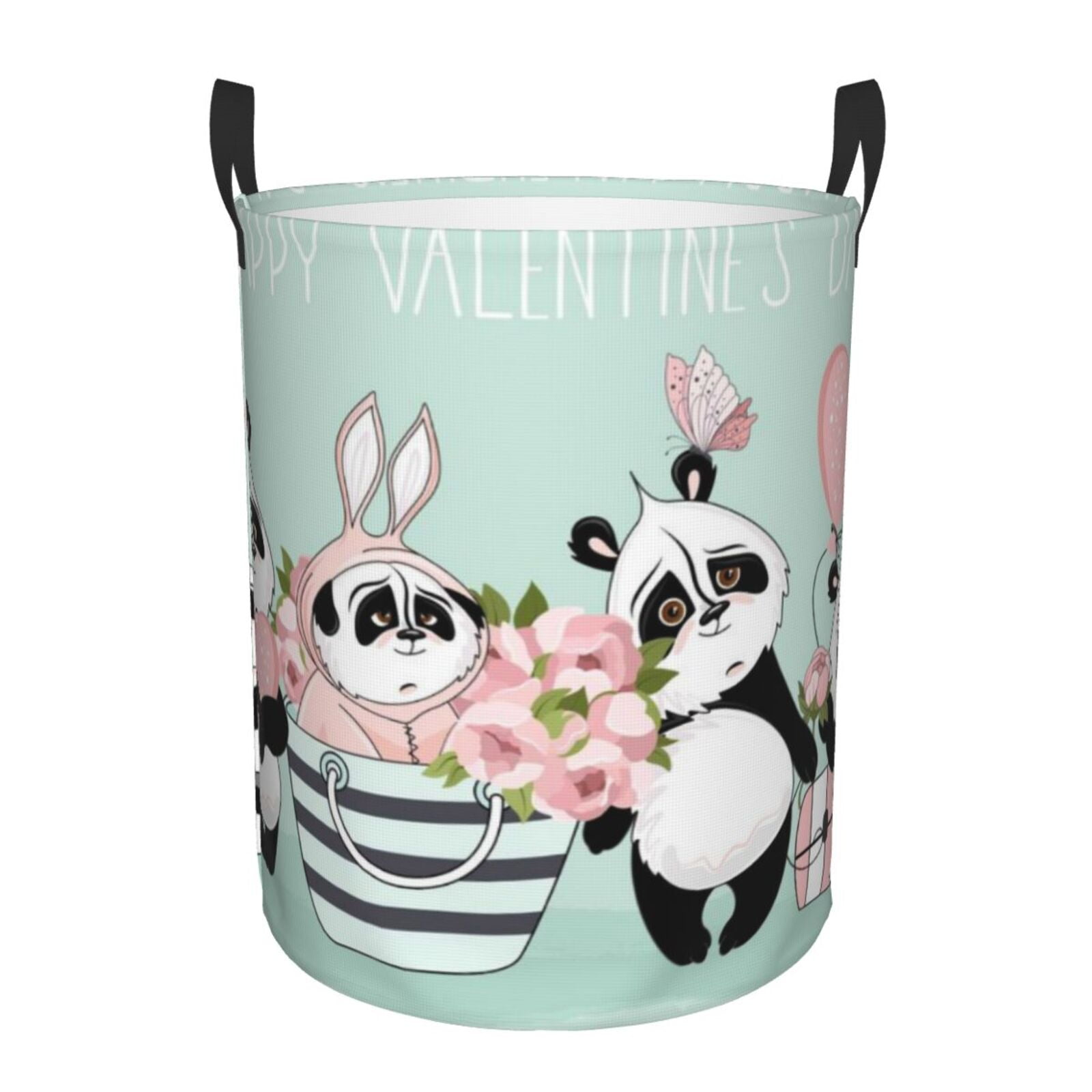 Happy Valentine's Day，Cute Panda Round Laundry Basket, Laundry Hamper ...