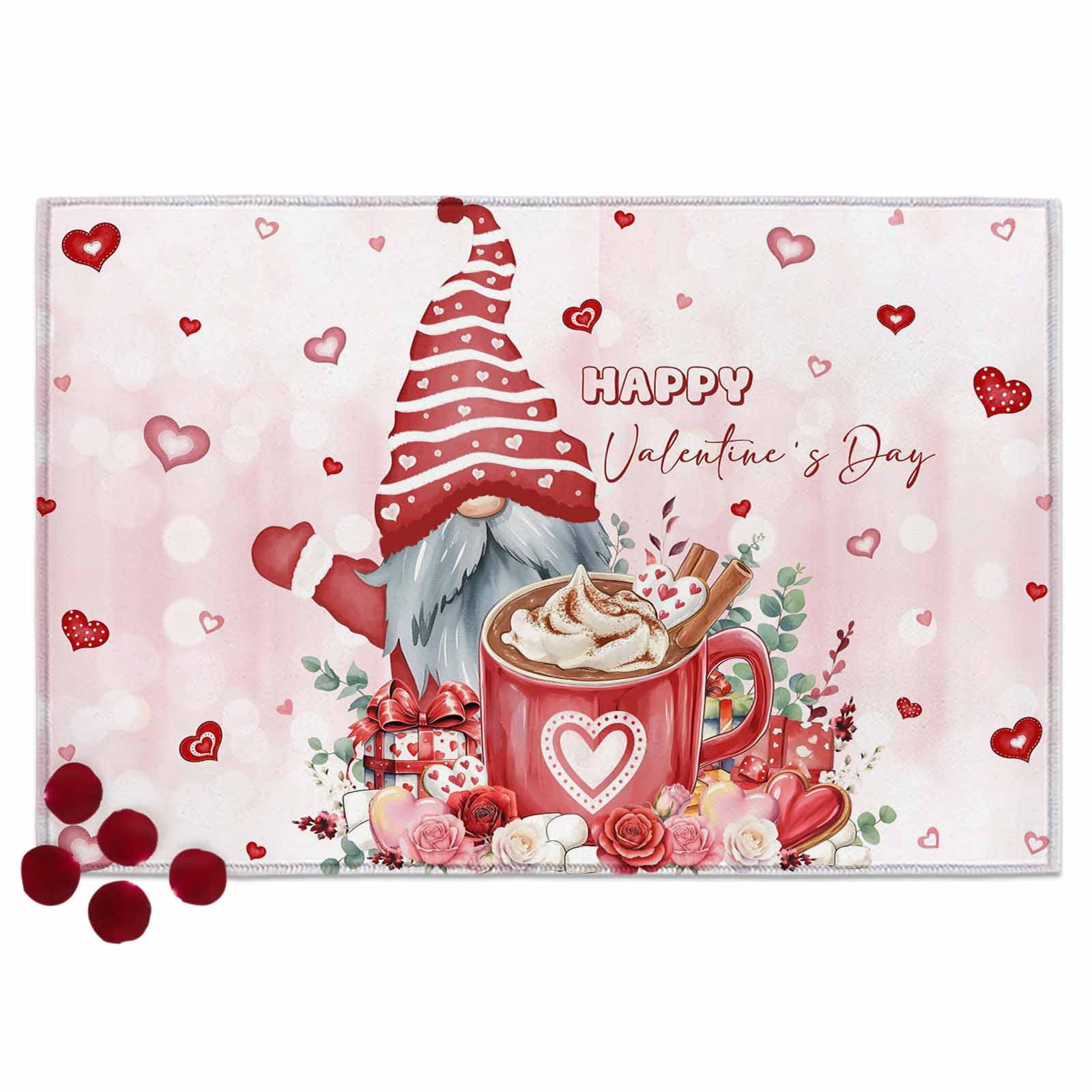 Happy Valentine's Day Door Mat Red Gnome Hot Cocoa Heart Floral Pink ...