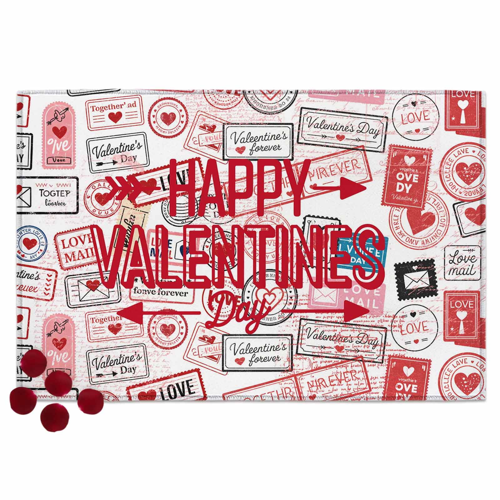 Happy Valentine's Day Door Mat Vintage Pink Love Red Heart Stamps ...