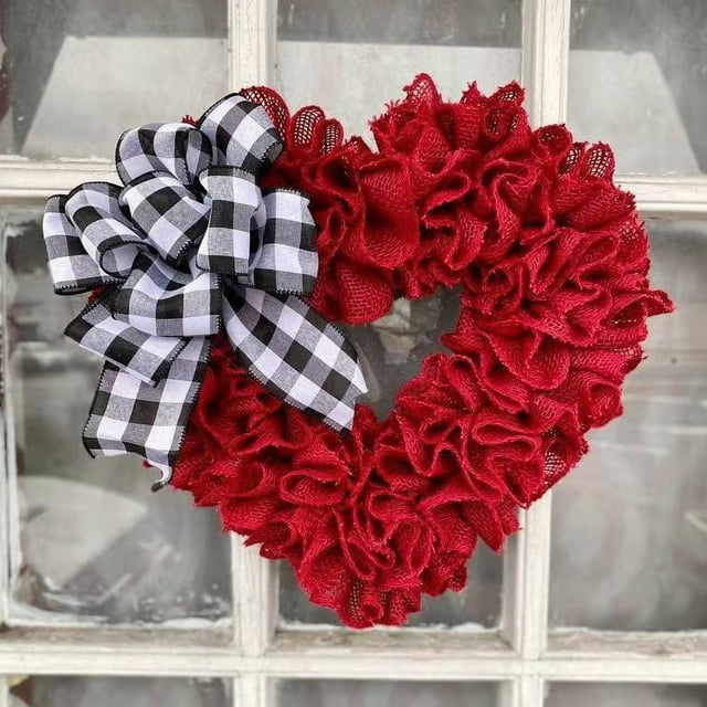 Valentine's Day Heart Shaped Wreath, Buffalo Plaid Bow, Large Farmhouse ...