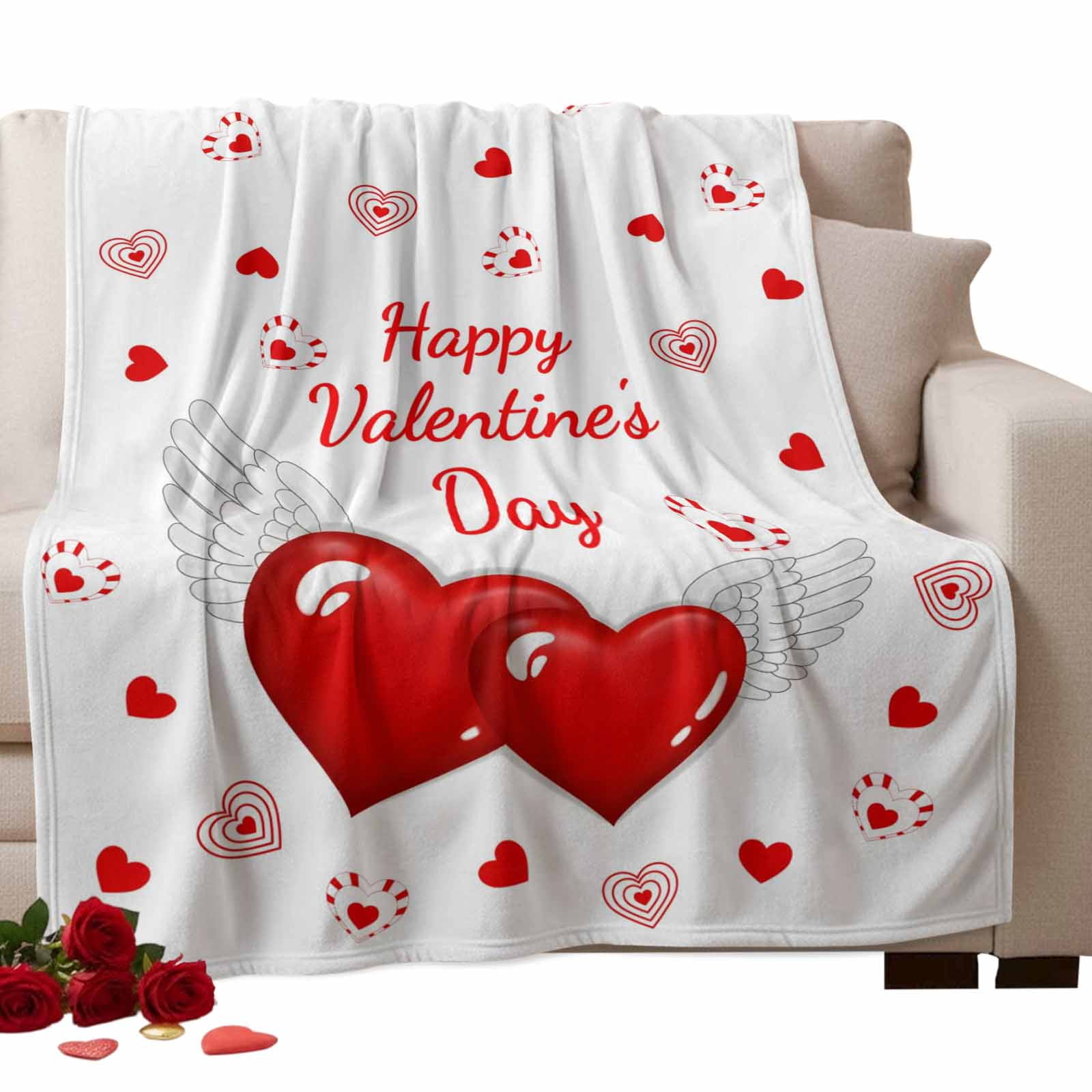 Happy Valentine's Day Fleece Throw Blanket Lightweight Angle Wings Love ...