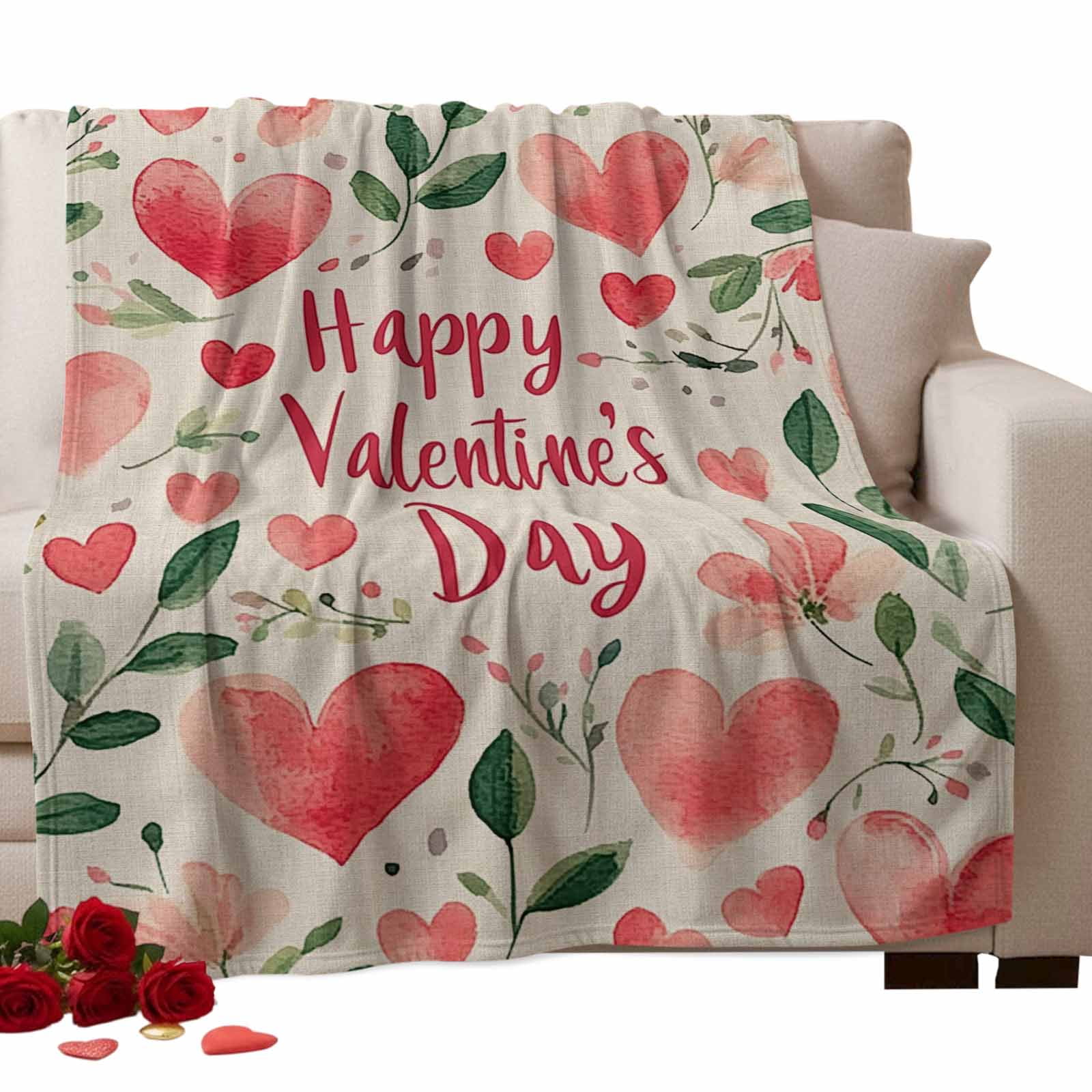 Happy Valentine's Day Fleece Throw Blanket Lightweight Watercolor Pink ...