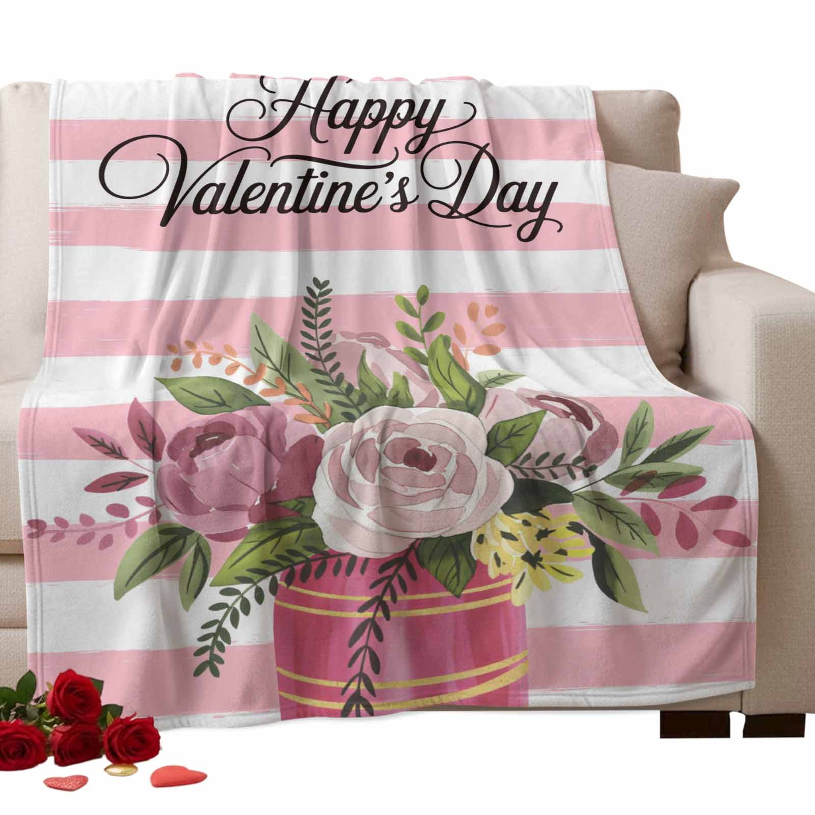 Happy Valentine's Day Fleece Throw Blanket Lightweight Watercolor Pink ...