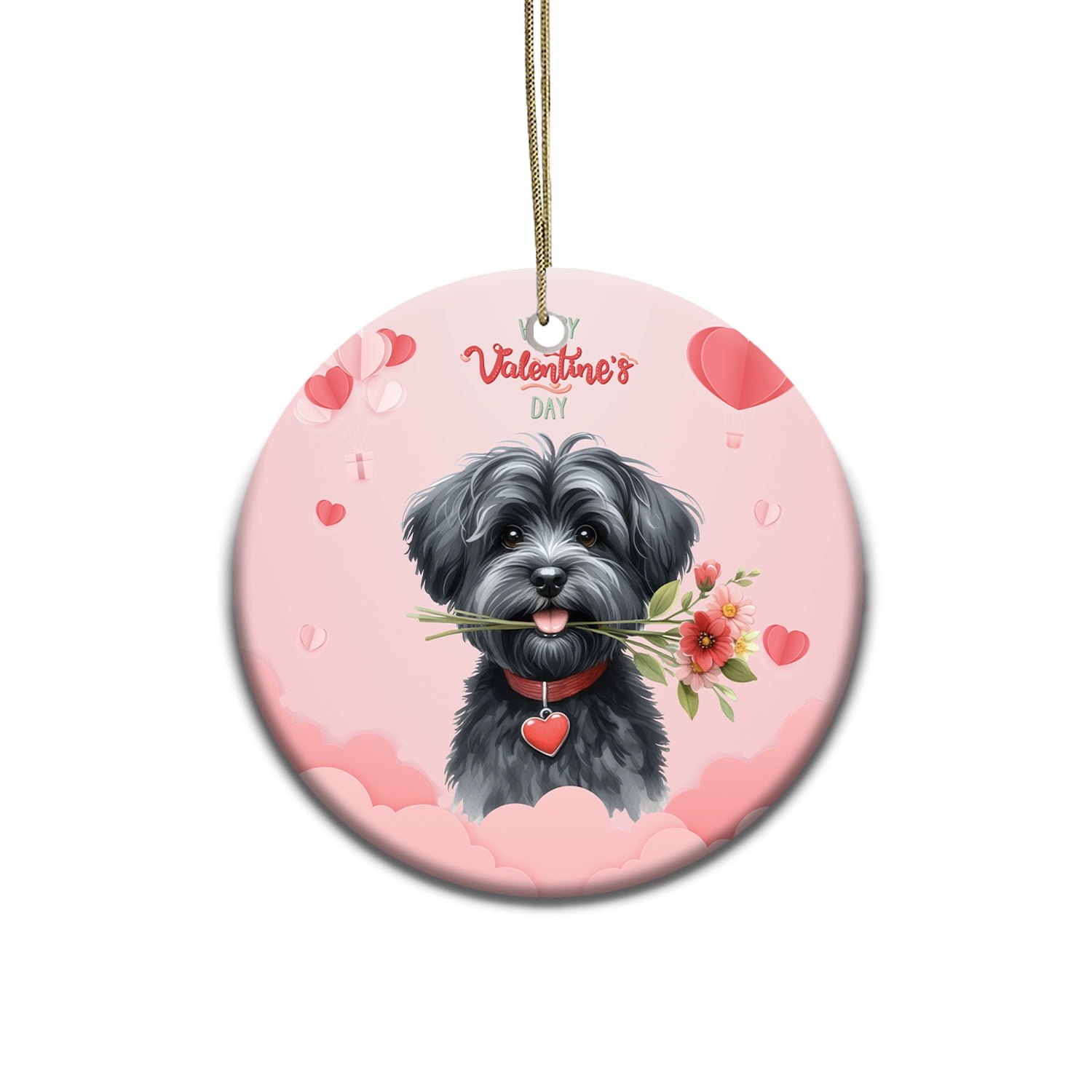 Happy Valentine's Day Havanese holding flowers Ceramic Round Ornament ...