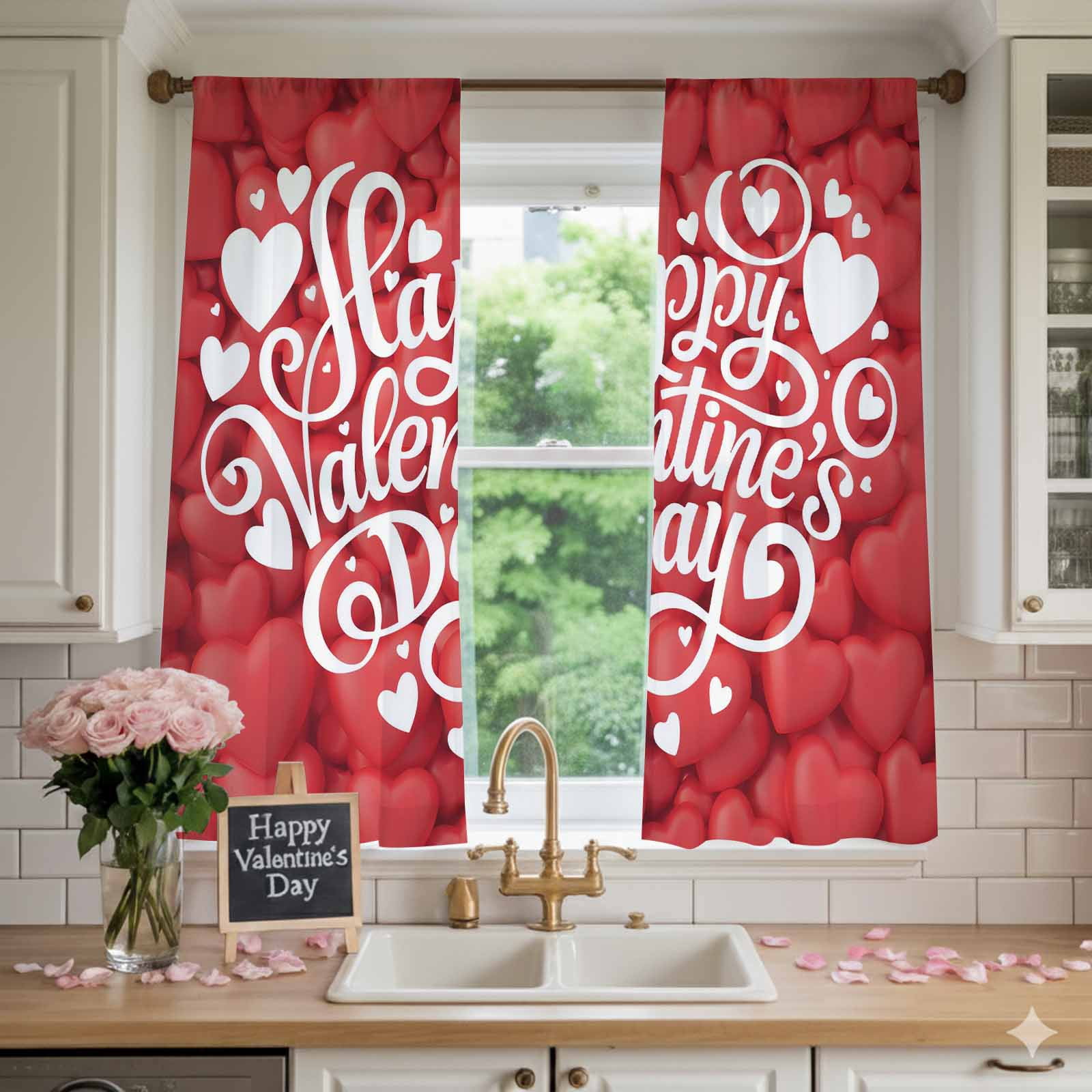 Happy Valentine's Day Love Hearts Chiffon Sheer Curtains 72 Inches Long ...