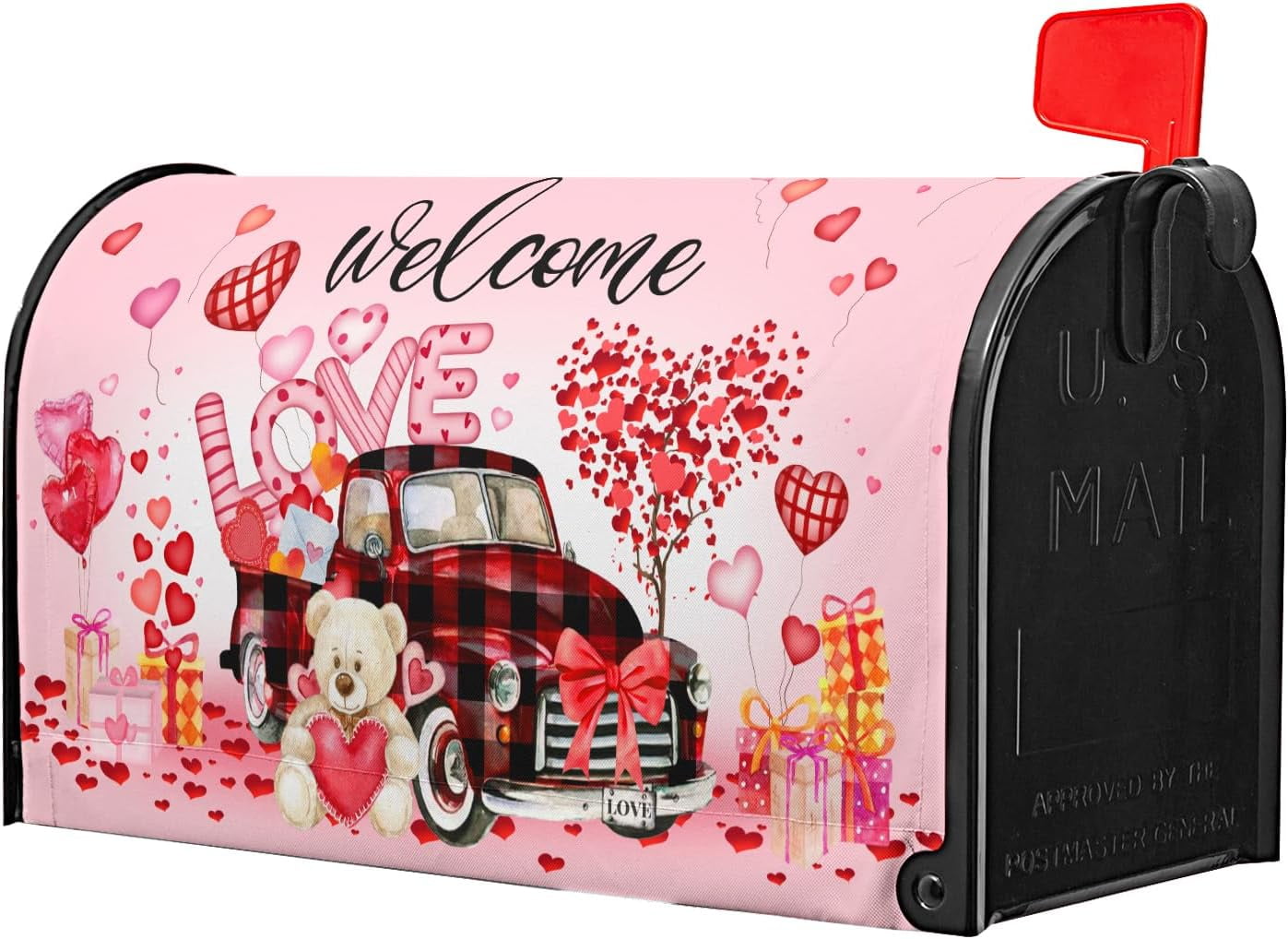 Happy Valentine''s Day Mailbox Cover Love Heart Pink Truck Mailbox ...