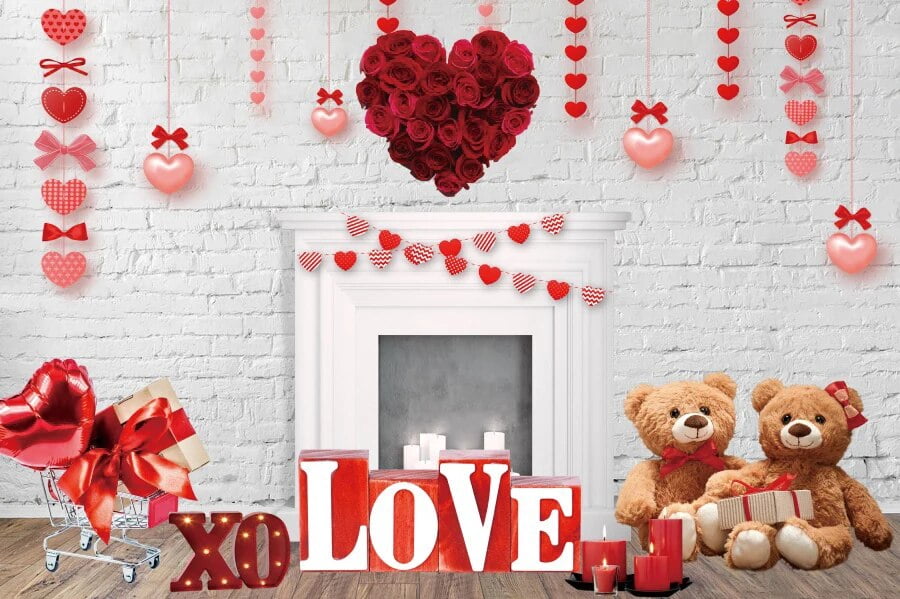 Happy Valentine's Day Photography Backdrop Wood Wall Pink Rose Heart ...