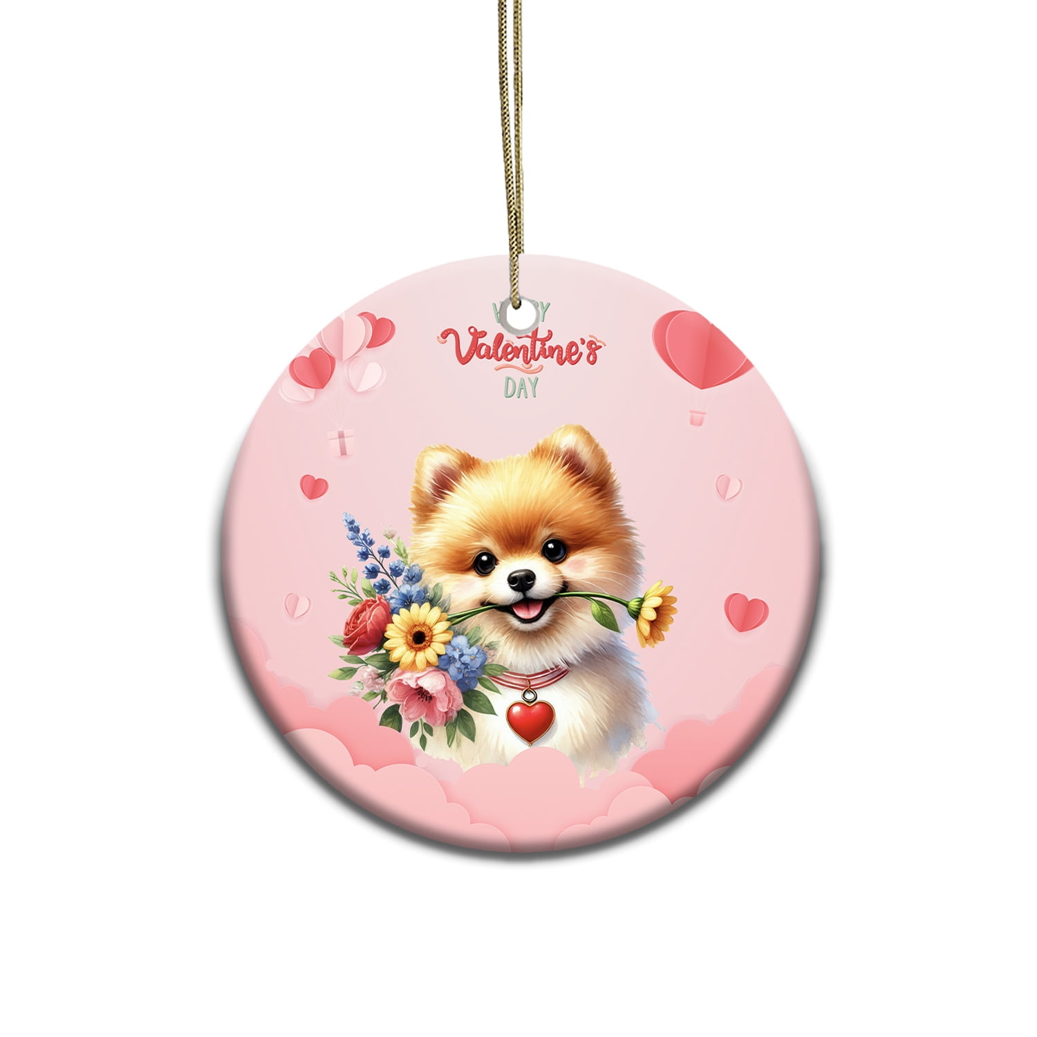 Happy Valentine's Day Pomeranian holding flowers Ceramic Round Ornament ...