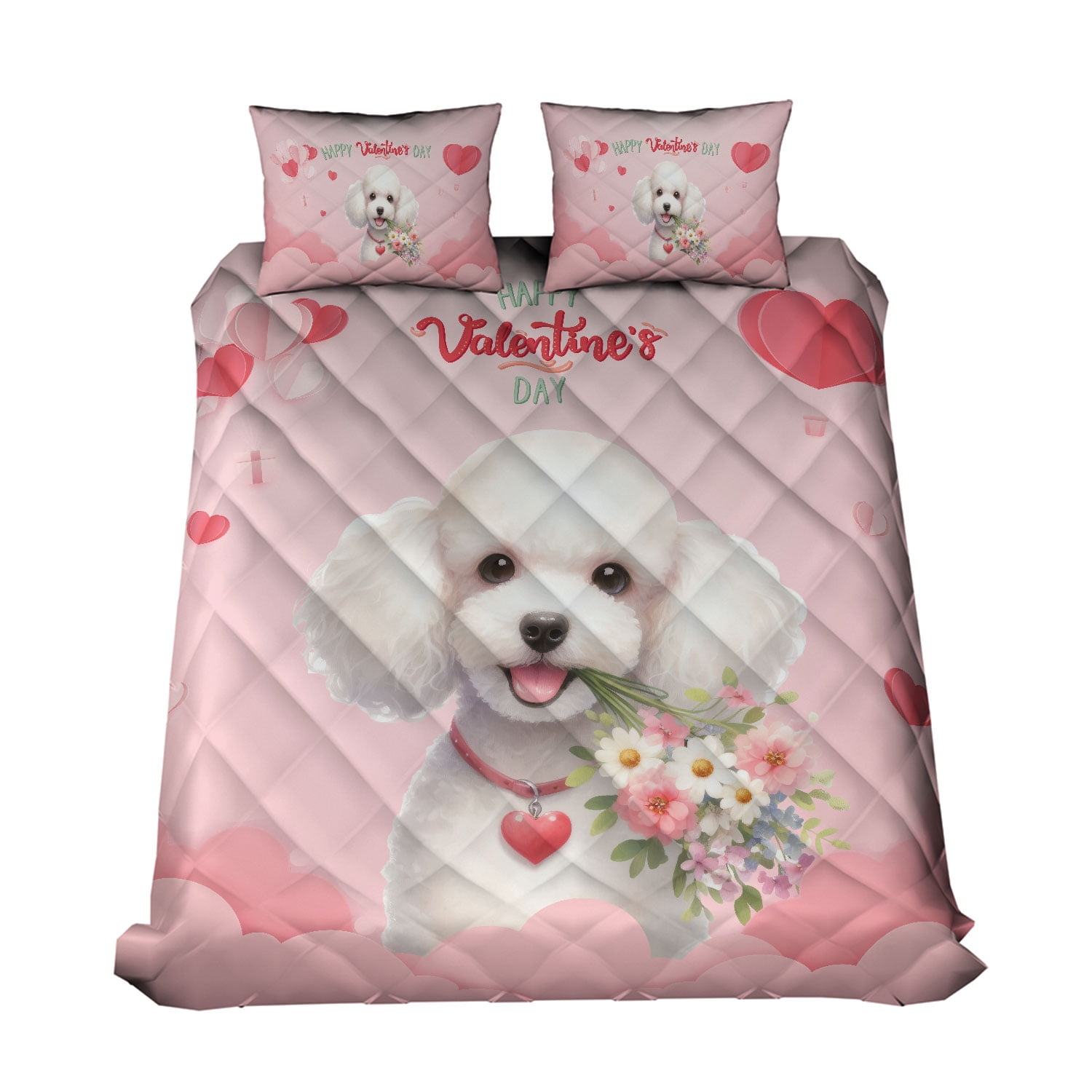 Happy Valentine's Day Poodle holding flowers Quilt Bedding Set Poodles ...