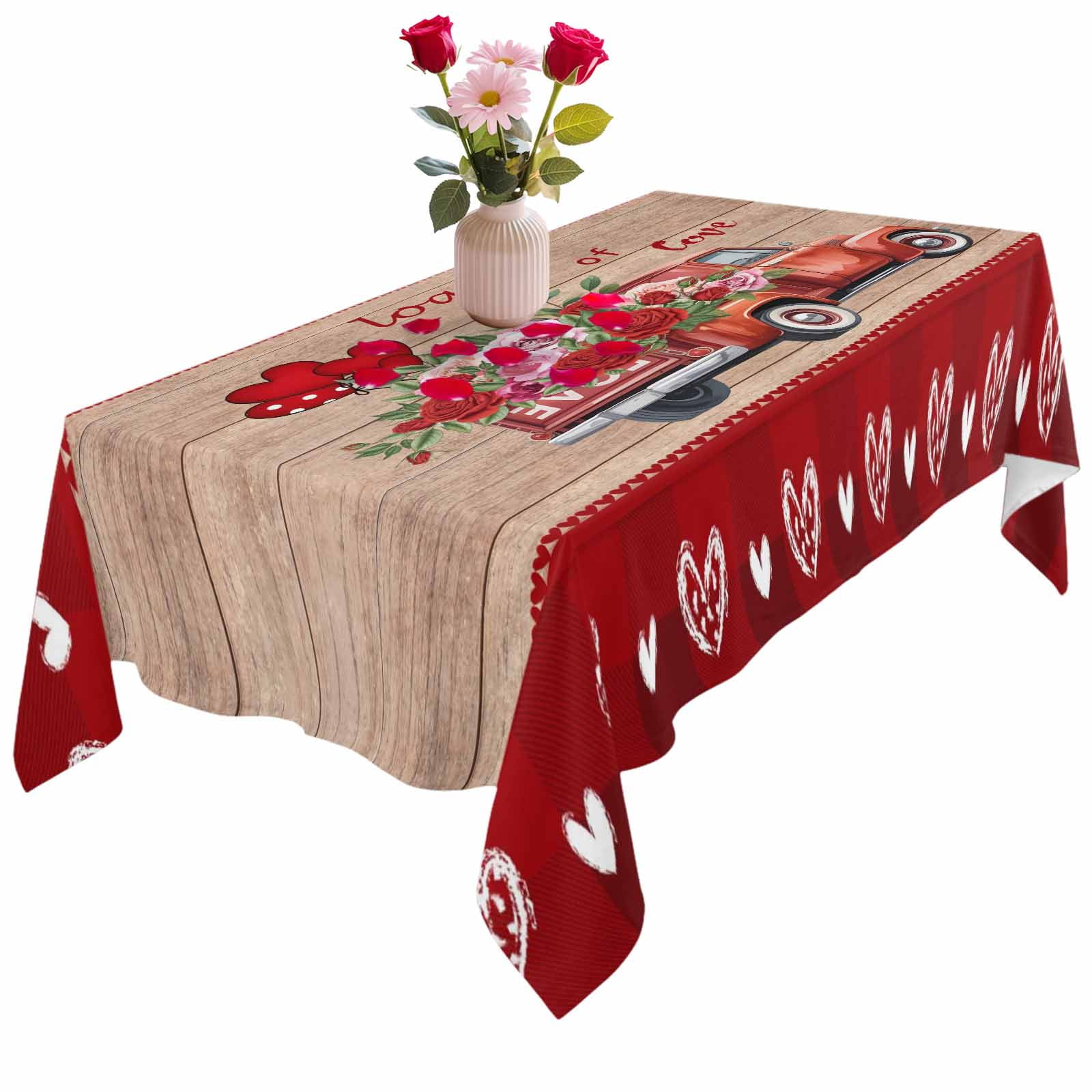 Happy Valentine's Day Rectangle Tablecloth Red Pink Rose Truck Red ...
