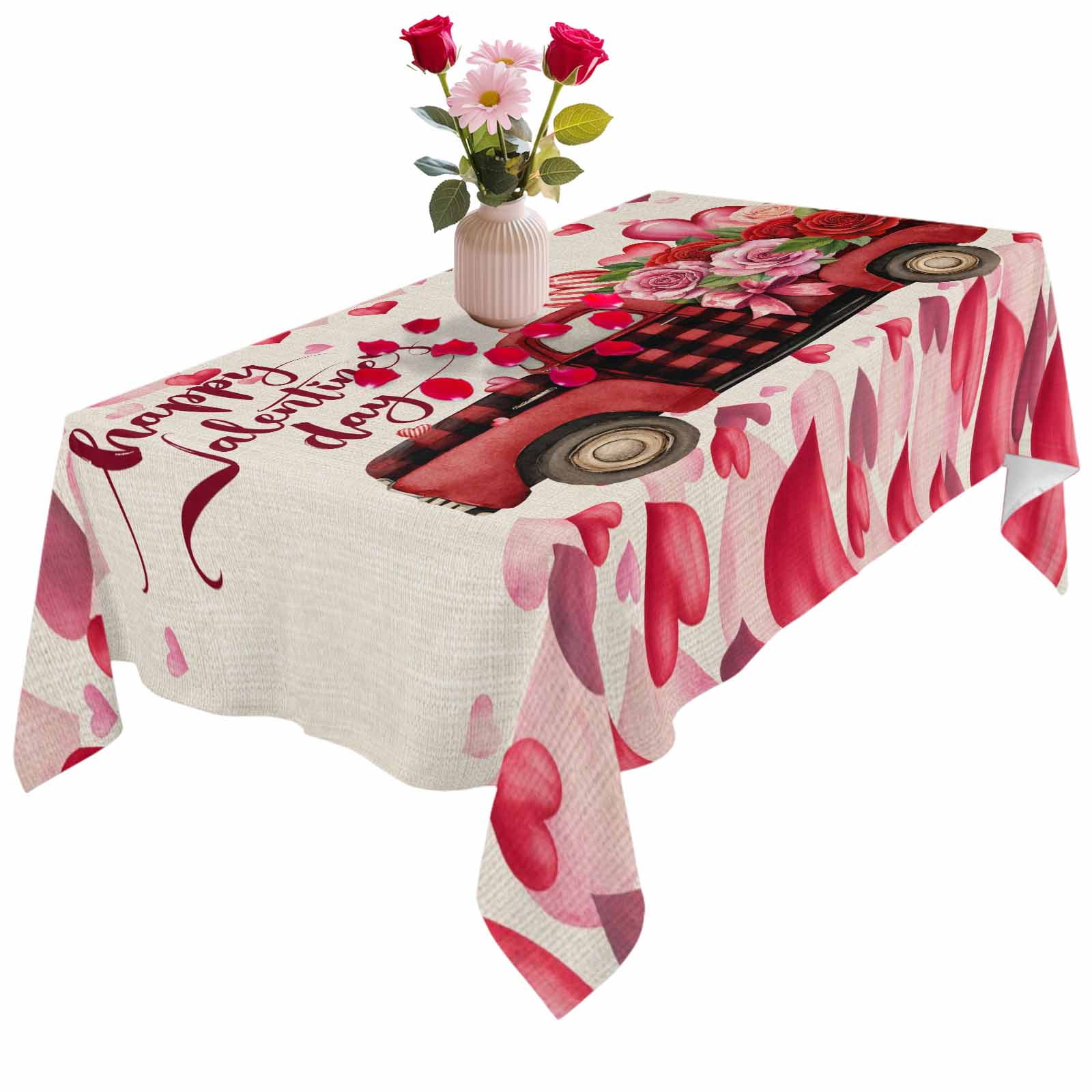 Happy Valentine's Day Rectangle Tablecloth Romantic Red Rose Floral ...