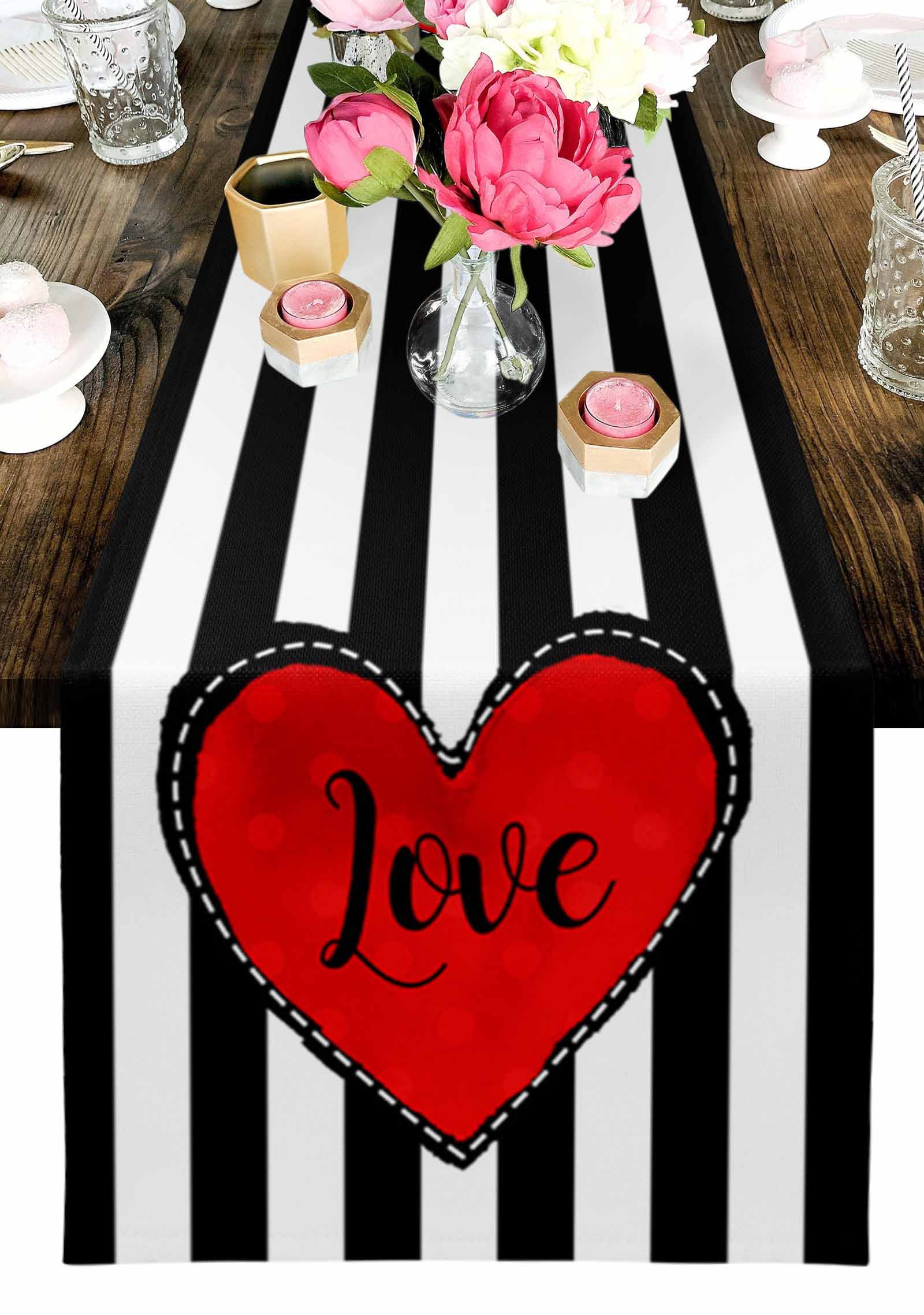 Happy Valentine's Day Red Loving Heart Black Stripes Table Runner ...
