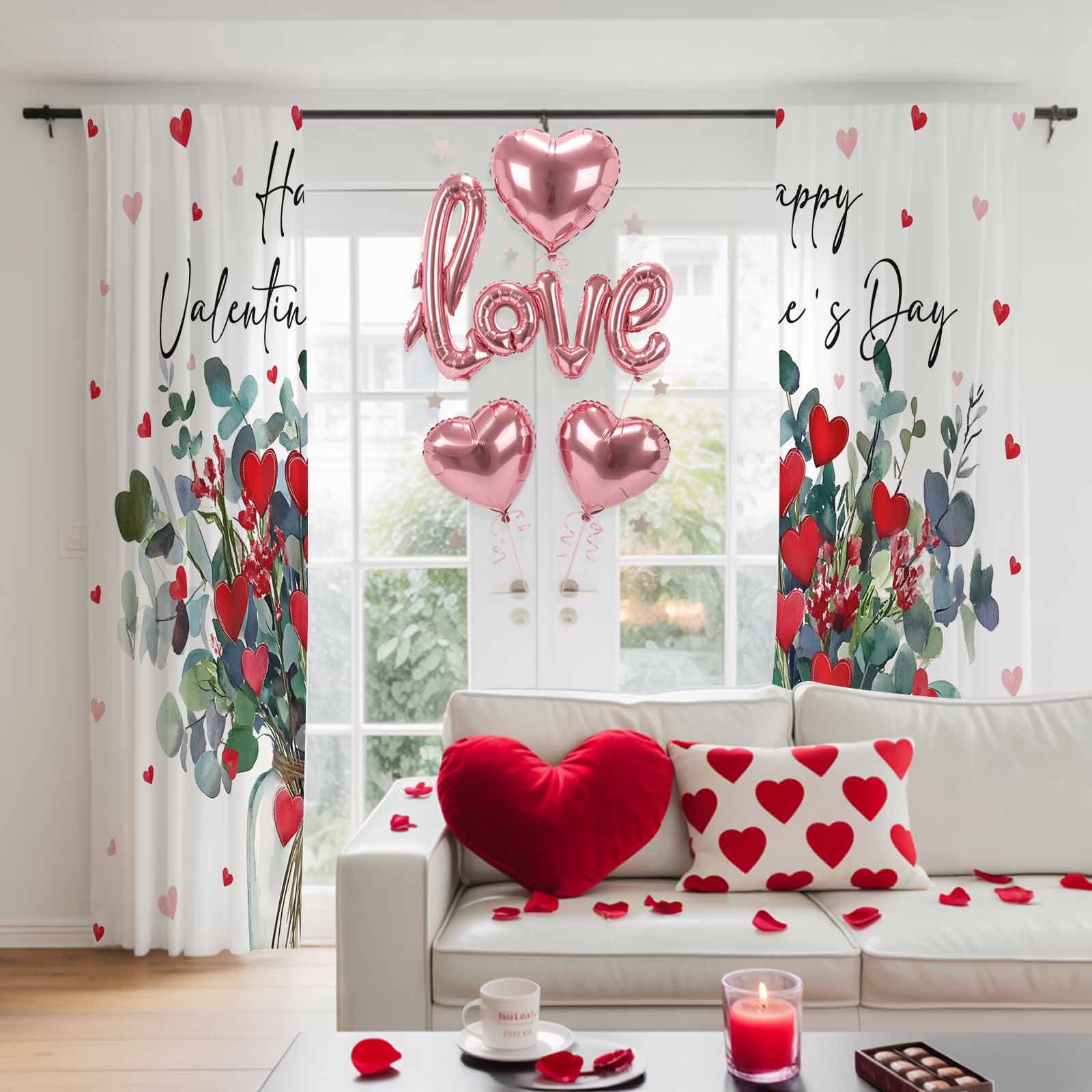 Happy Valentine's Day Romantic Heart Chiffon Sheer Curtains 108 Inches ...
