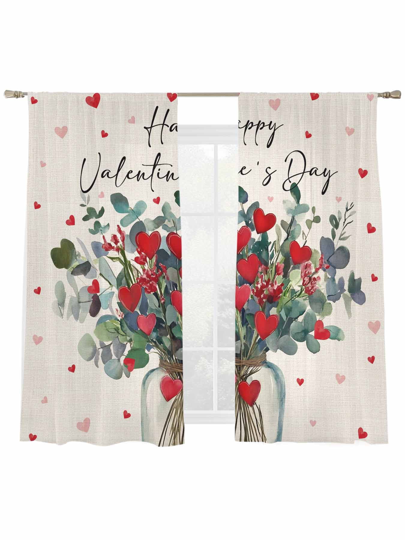 Happy Valentine's Day Sheer Curtains 2 Panels Set Love Floral Vase ...