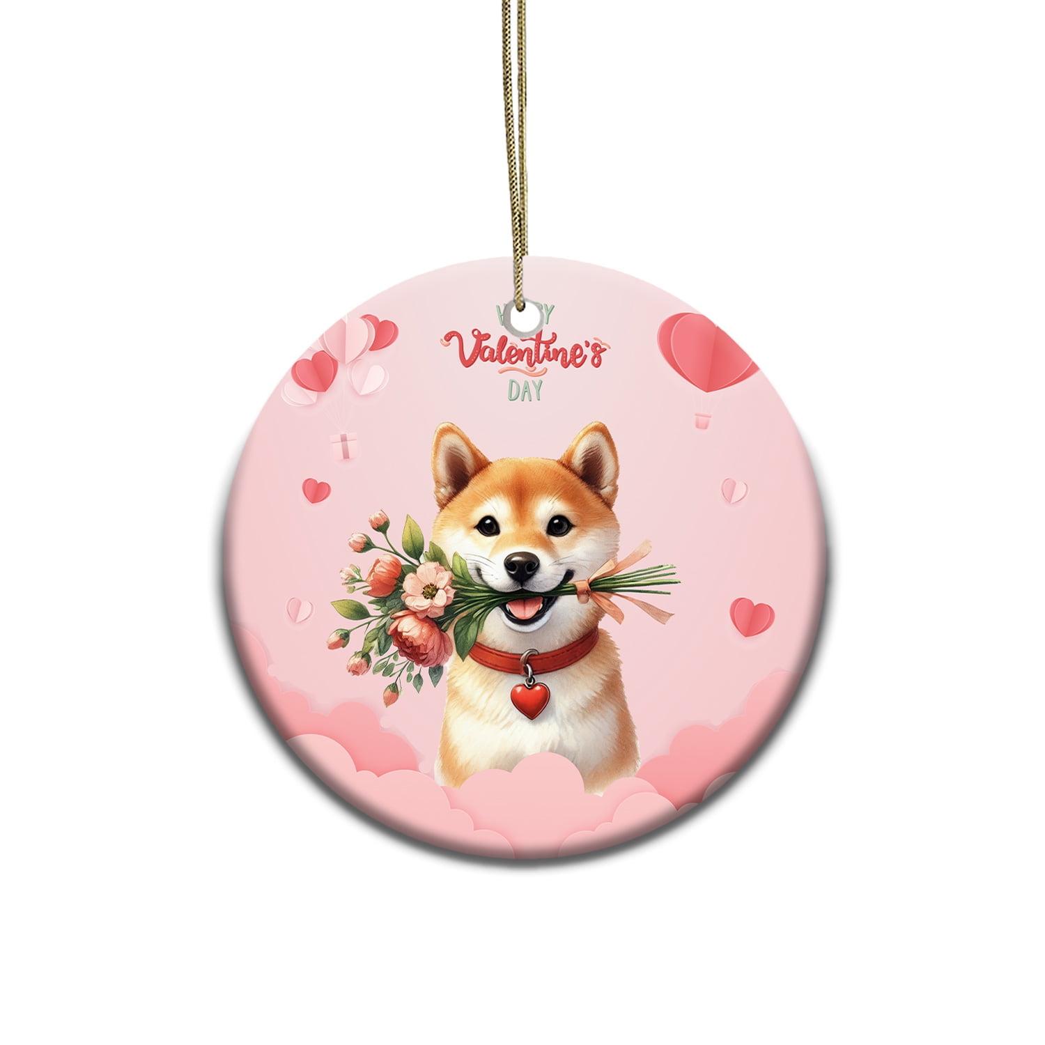 Happy Valentine's Day Shiba Inu holding flowers Ceramic Round Ornament ...
