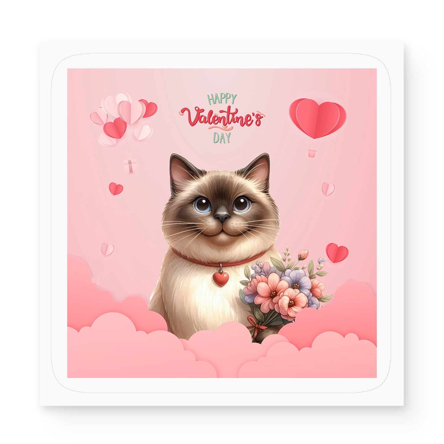 Happy Valentine's Day Siamese holding flowers Vinyl Sticker Cat Lover ...