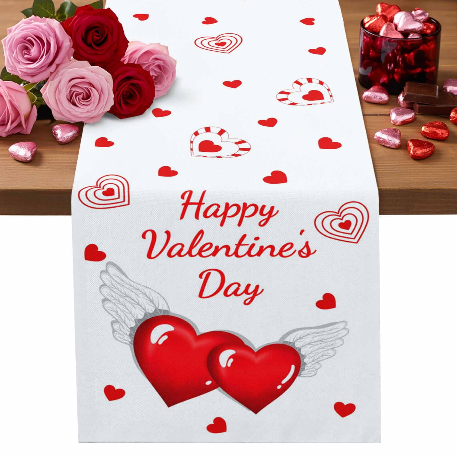 Happy Valentine's Day Table Runner 13 x 90 Inch, Angle Wings Love Red ...