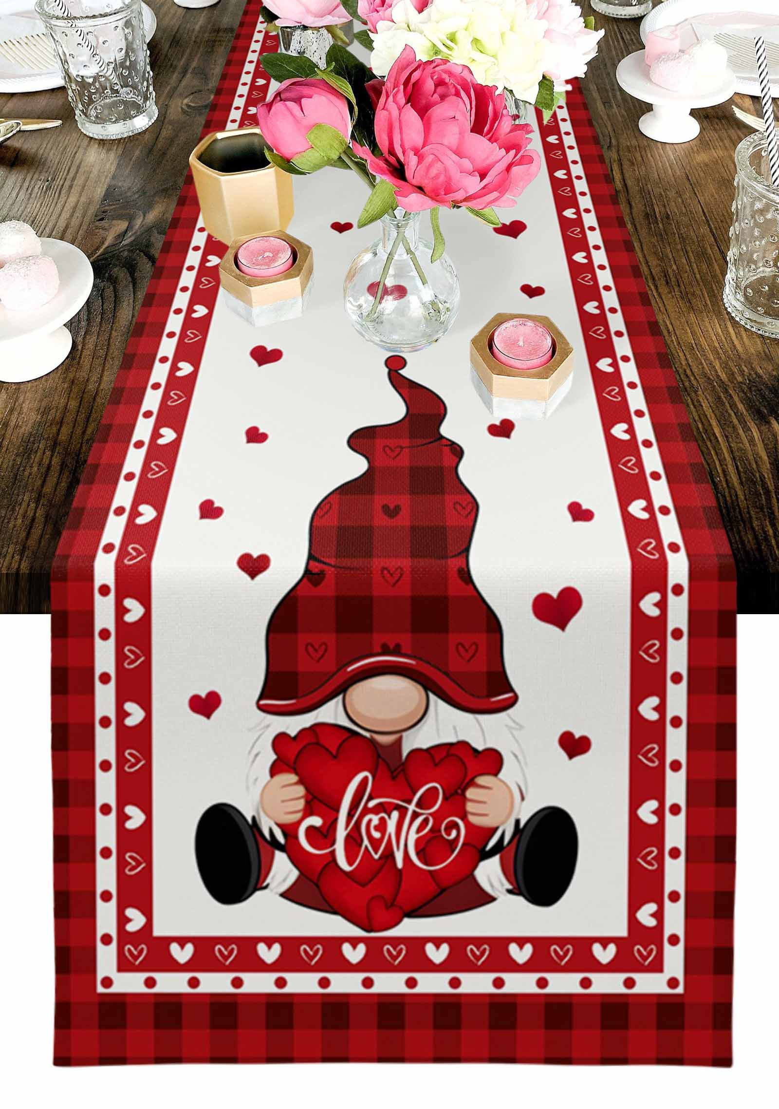 Happy Valentine's Day Table Runner, Dwarf Love Heart Red Plaid Washable ...