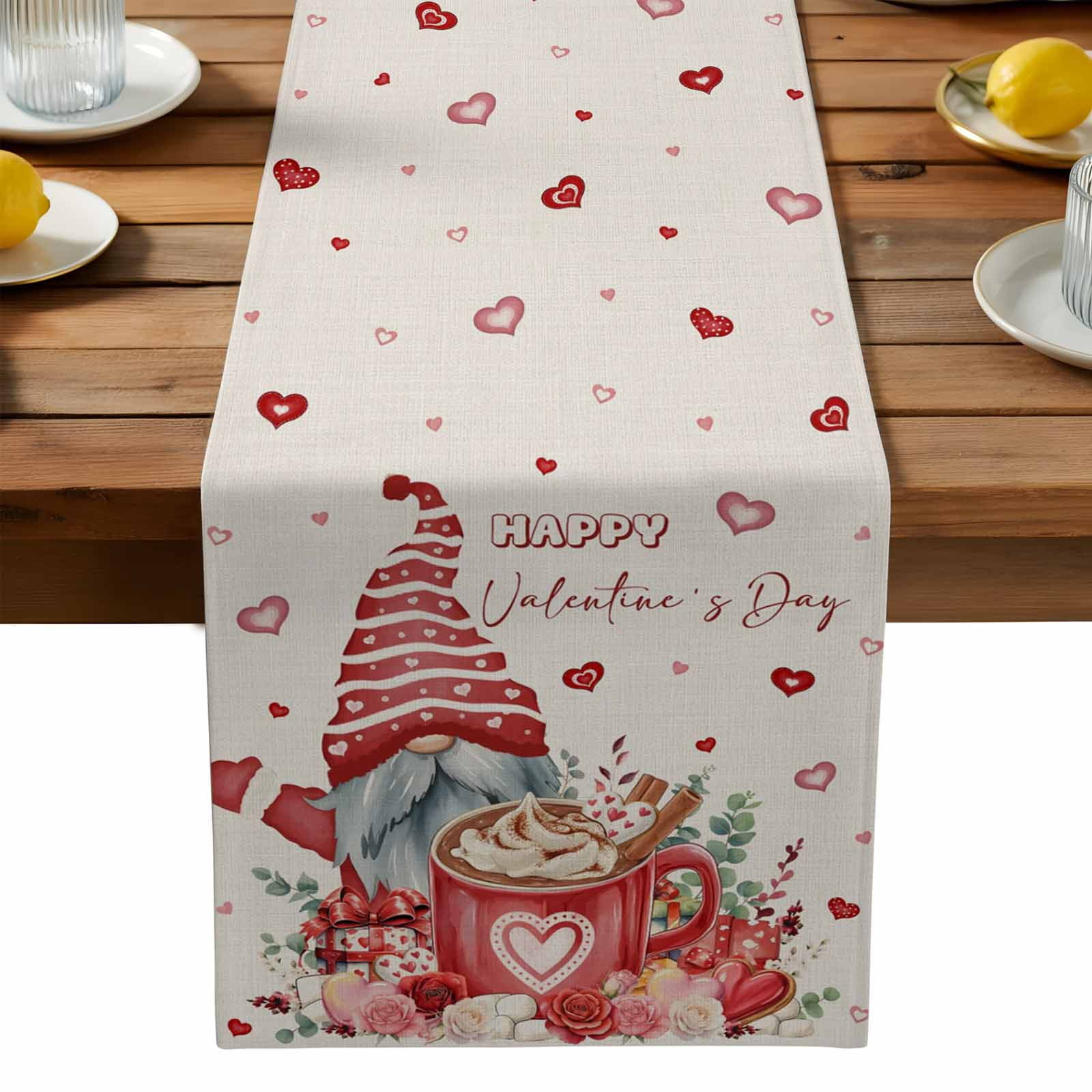 Happy Valentine's Day Table Runner, Red Gnome Hot Cocoa Heart Floral ...