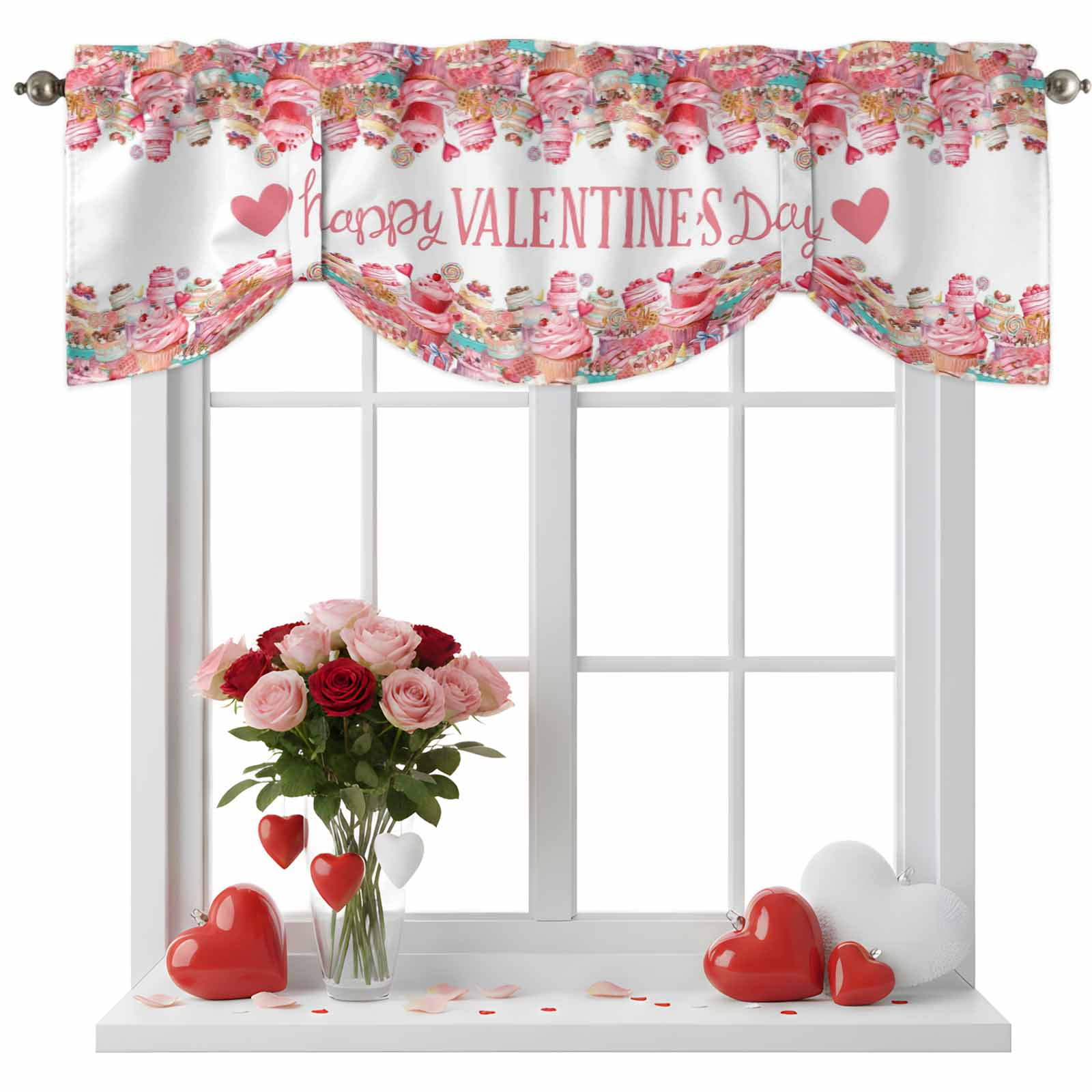 Happy Valentine's Day Tie Up Valance for Windows, Colorful Sugar Red ...