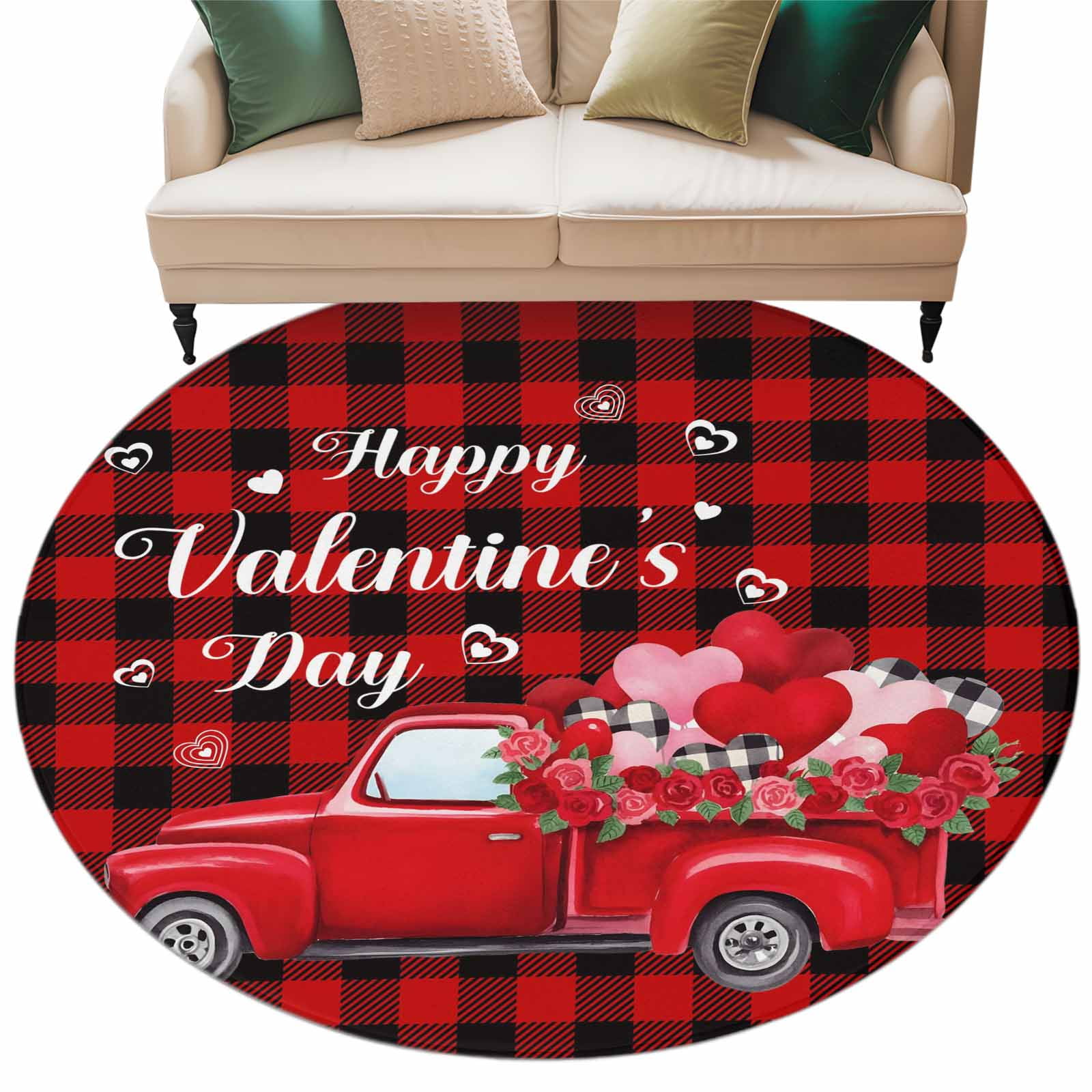 Happy Valentine's Day Washable Round Area Rug 5 ft, Love Truck with ...