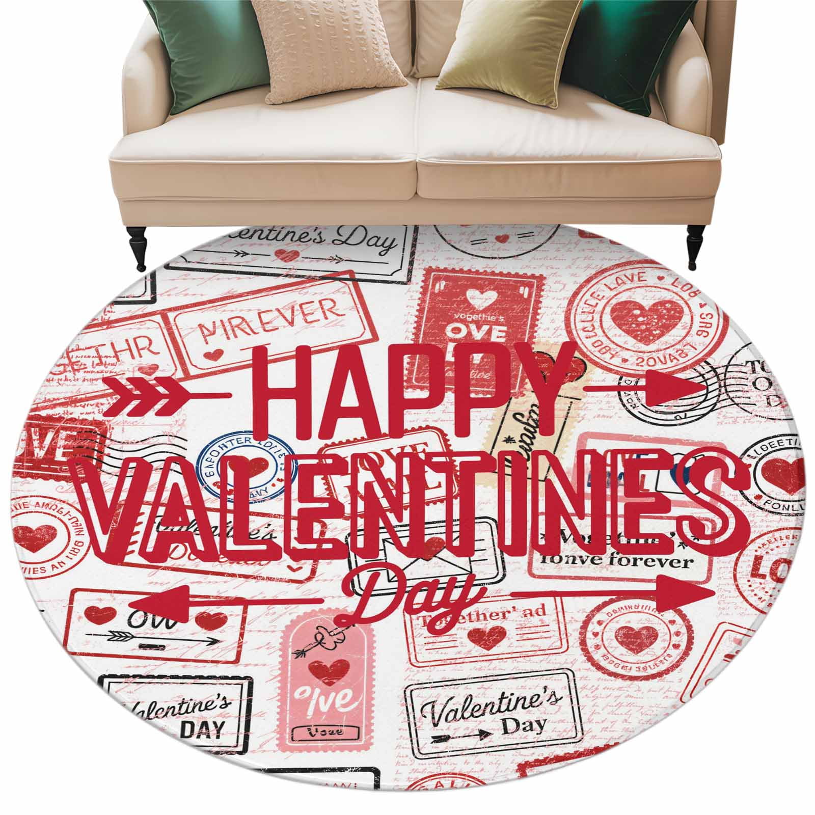 Happy Valentine's Day Washable Round Area Rug 8 ft, Vintage Pink Love ...