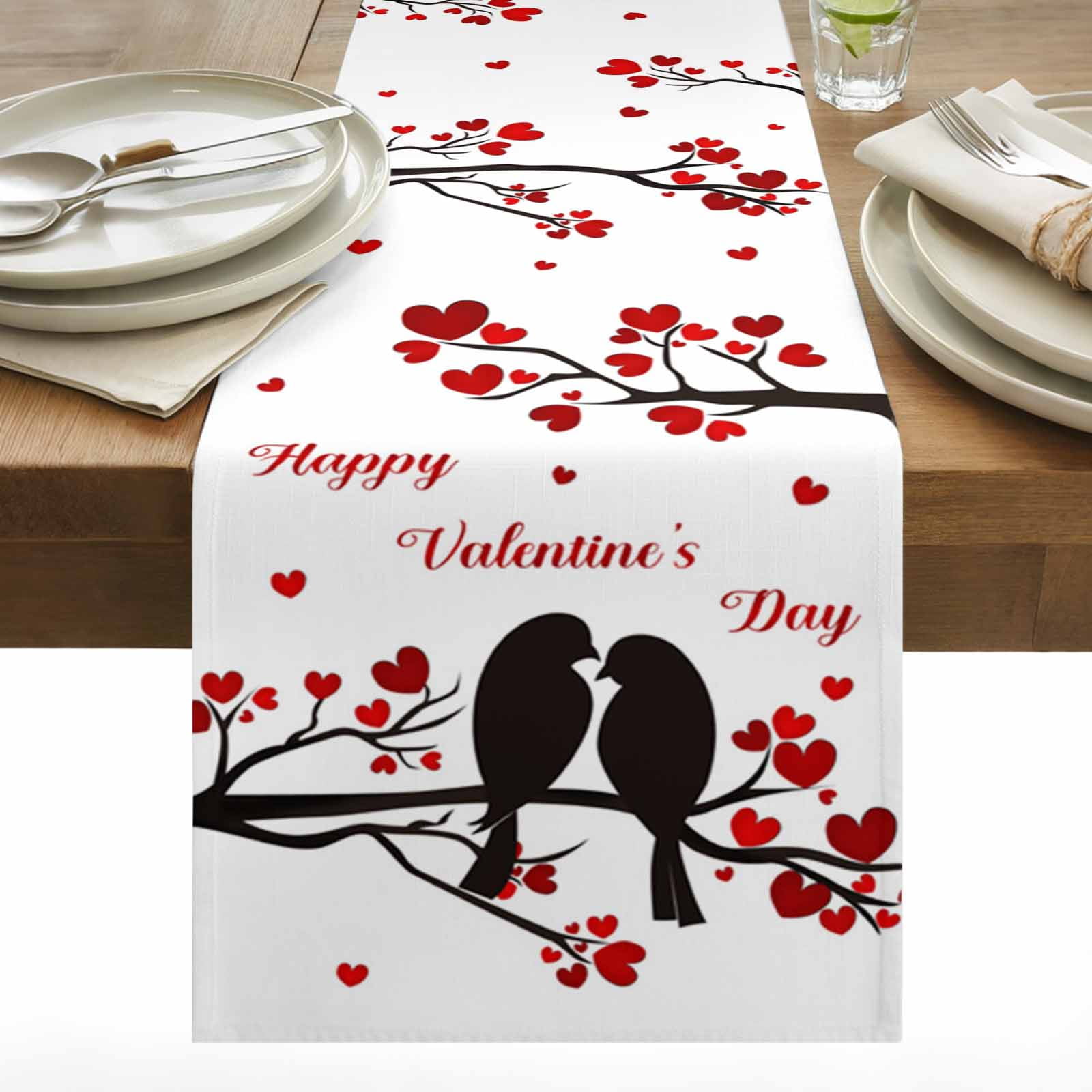 Happy Valentine's Table Runner 13x120 inch Day Love Bird Heart Tree ...