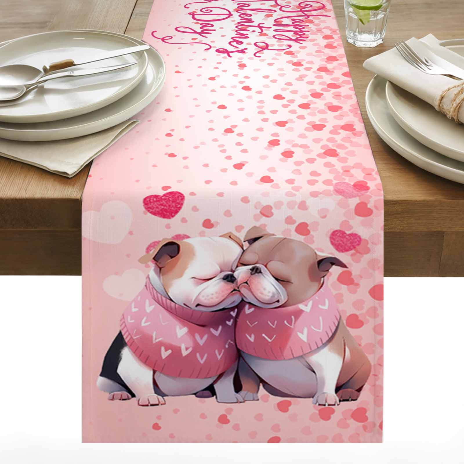 Happy Valentine's Table Runner 13x72 inch Day Dogs Snuggling Up Love ...