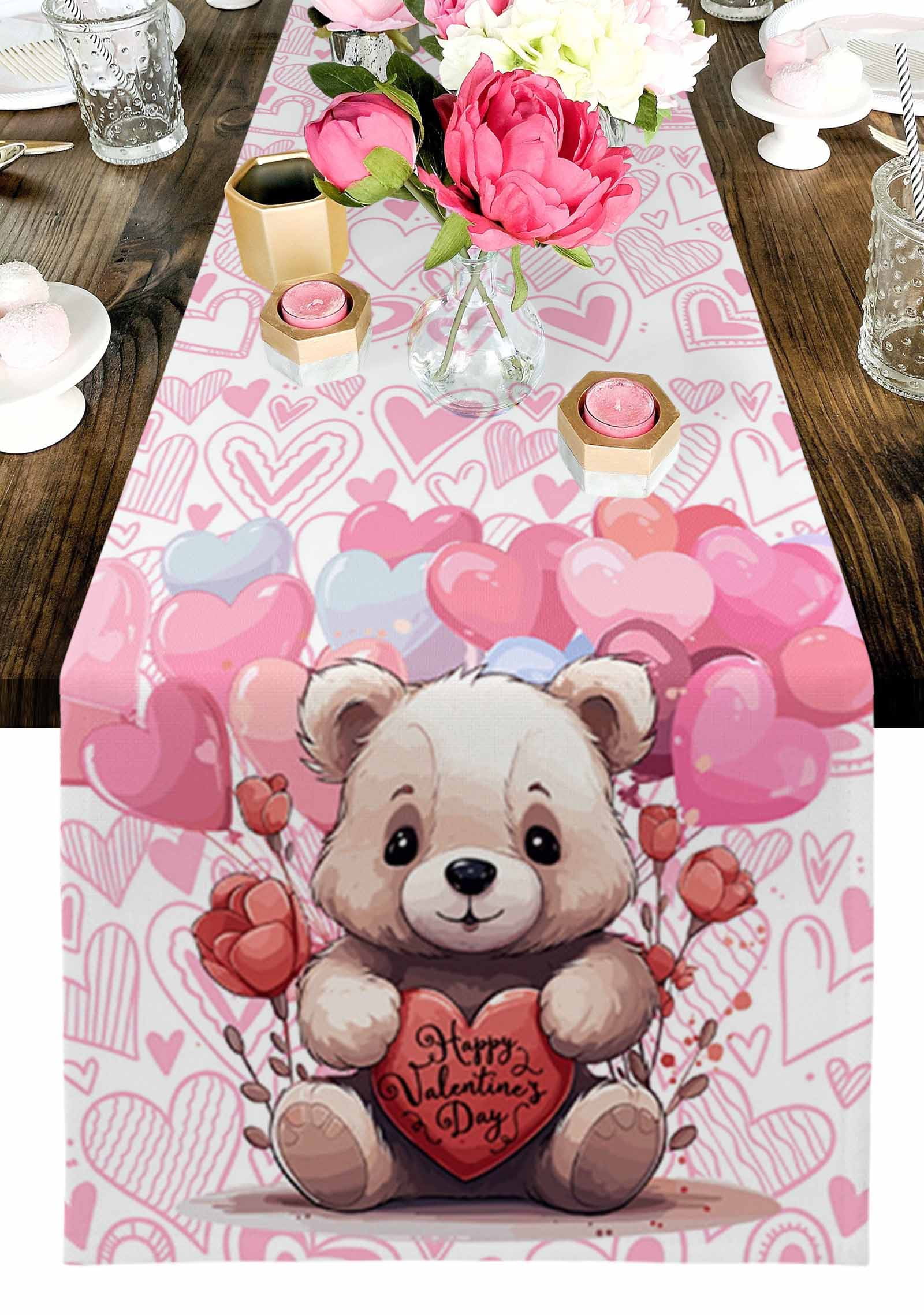 Happy Valentine's Table Runner, Day Bear with Love Heart Balloons ...