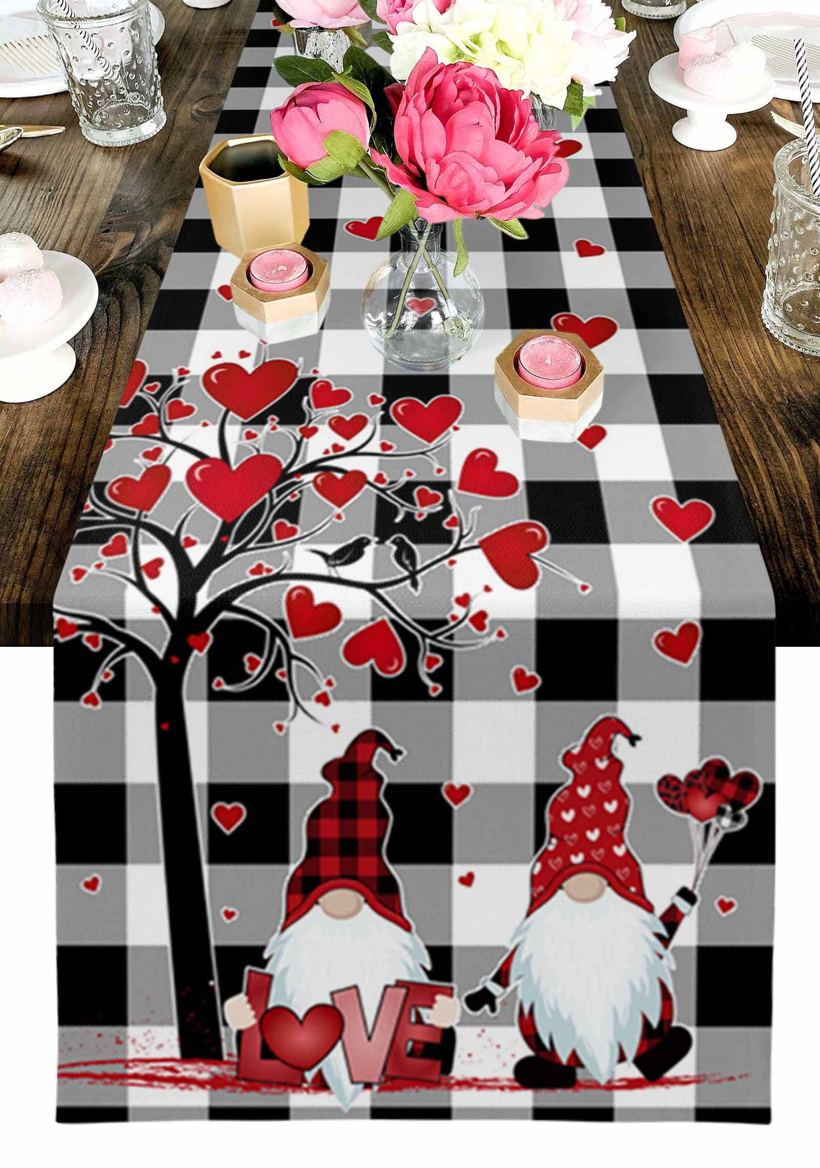 Happy Valentine's Table Runner, Day Gnomes Black White Buffalo Plaid ...