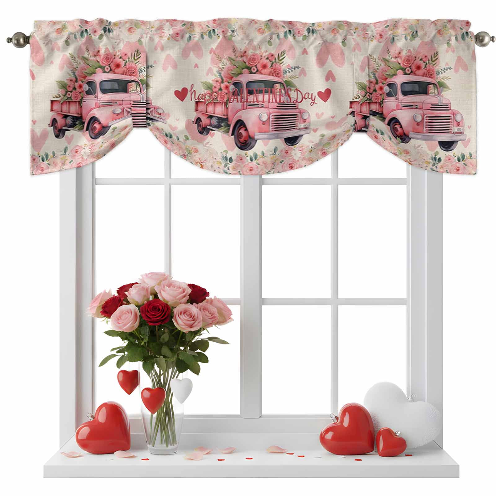 Happy Valentine's Tie Up Valance for Windows, Day Retro Pink Truck Rose ...